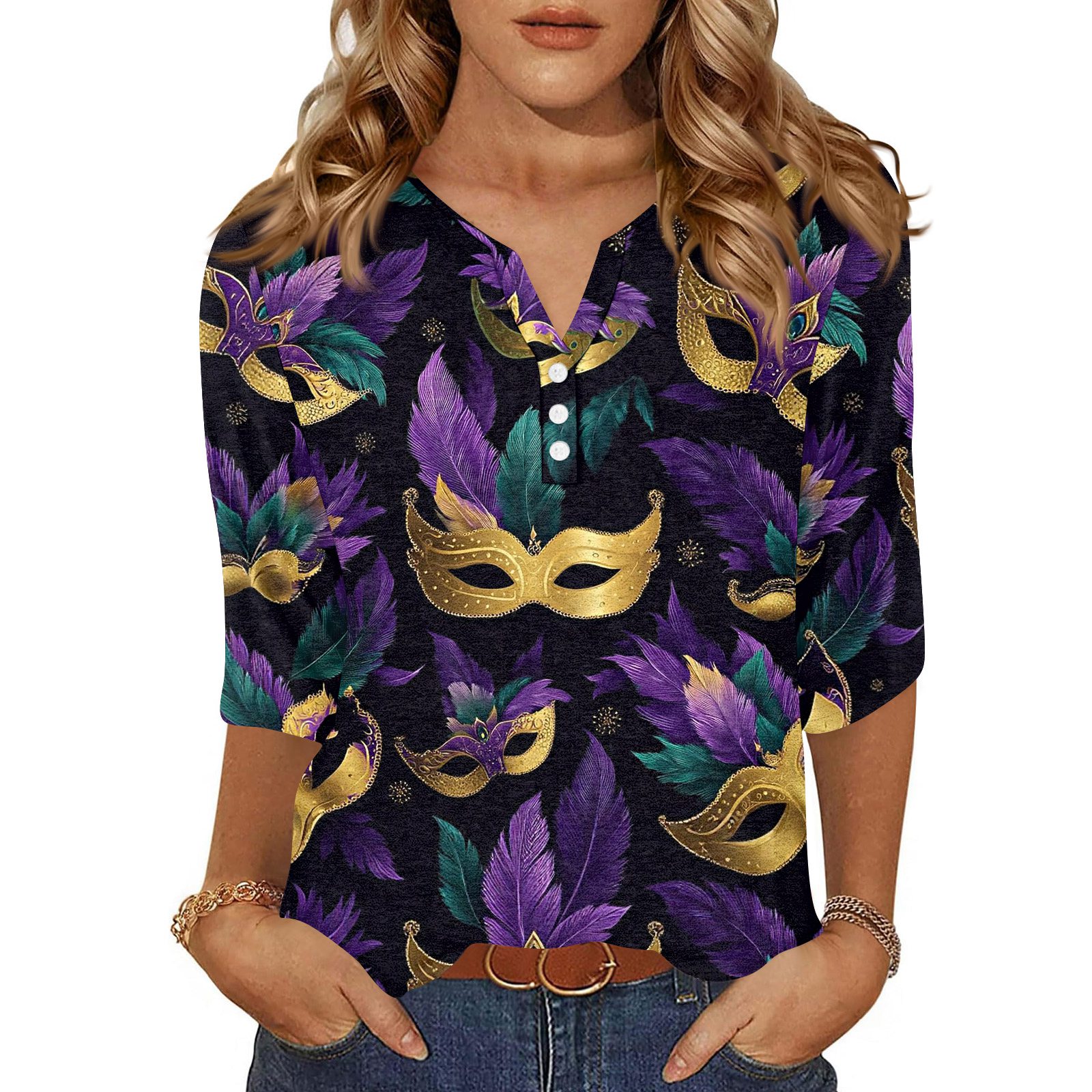 Mardi Gras Shirts Womens Glitter Carnival V Neck T Shirts Sparkly 3/4 ...