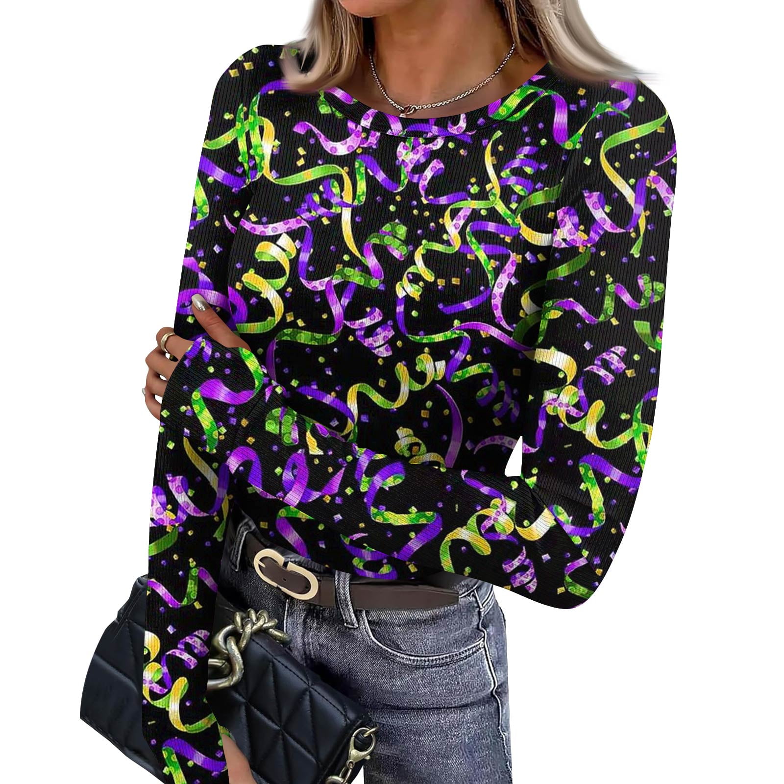 Mardi Gras Shirts Womens Sequins Sparkly Crew Neck Graphic Tee Mask ...