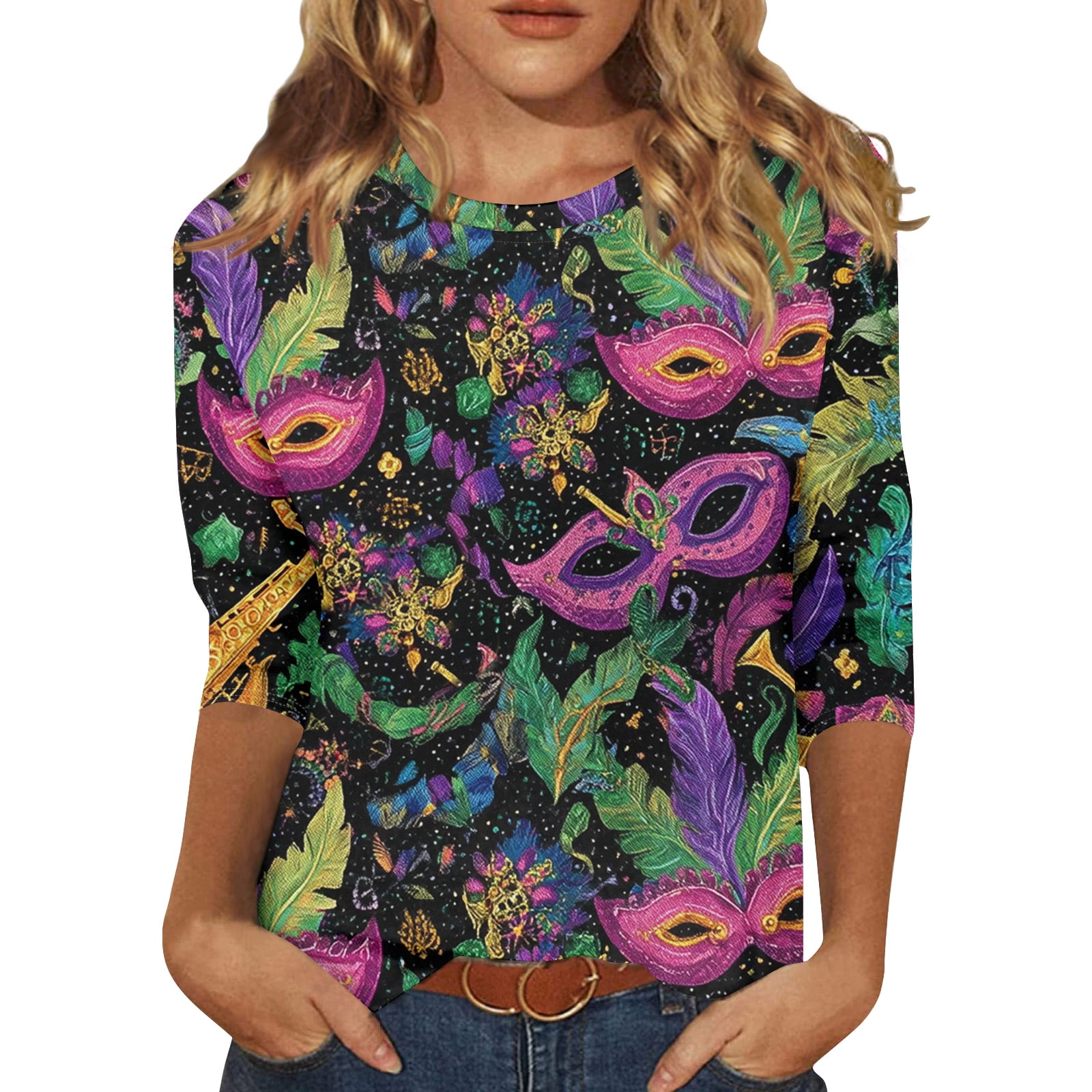 Mardi Gras Shirts Womens Sparkly 3/4 Sleeve Gold Graphic Tee Crew Neck ...