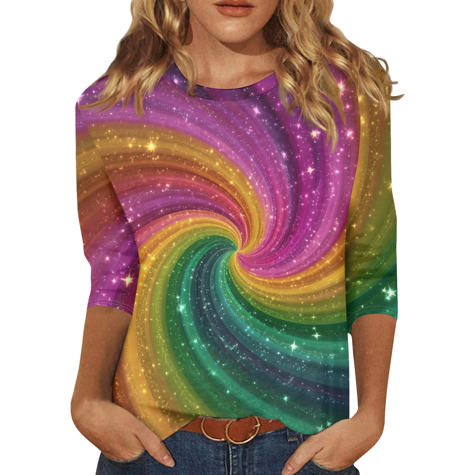Mardi Gras Shirts Womens Sparkly Crew Neck Novelty Graphic Tee 3/4 ...