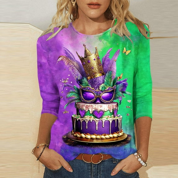 Mardi Gras Shirts,Womens Tops Carnival Mask Printed Three Quarter ...