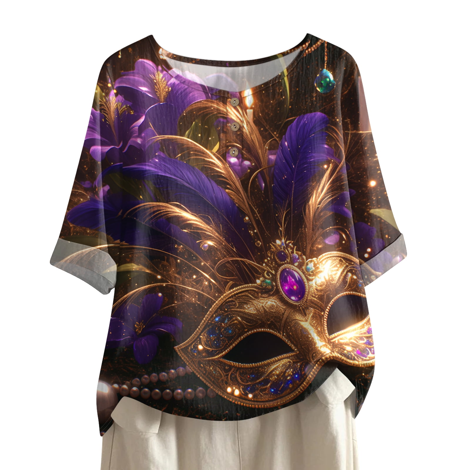 Mardi Gras Shirts for Women Feathers Print Sparkly Crew Neck T Shirts ...