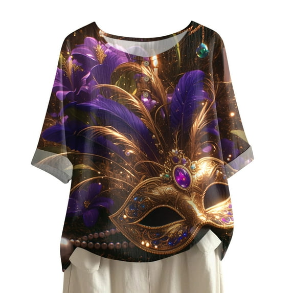 Mardi Gras Shirts for Women Feathers Print Sparkly Crew Neck T Shirts ...