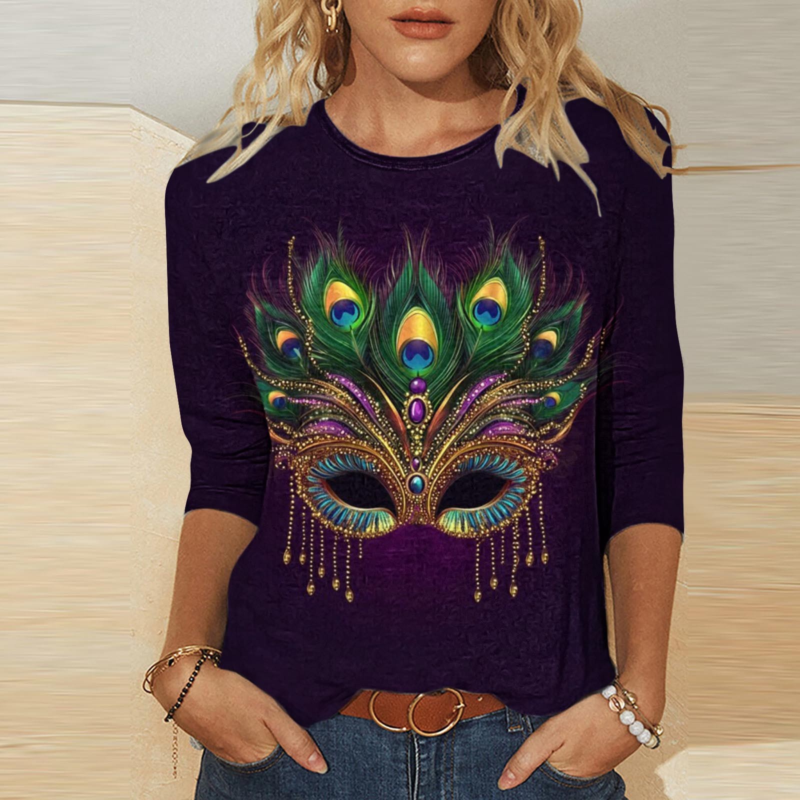 Mardi Gras Tee Shirts for Women Plus Size Fancy Masked Printed 3/4 ...