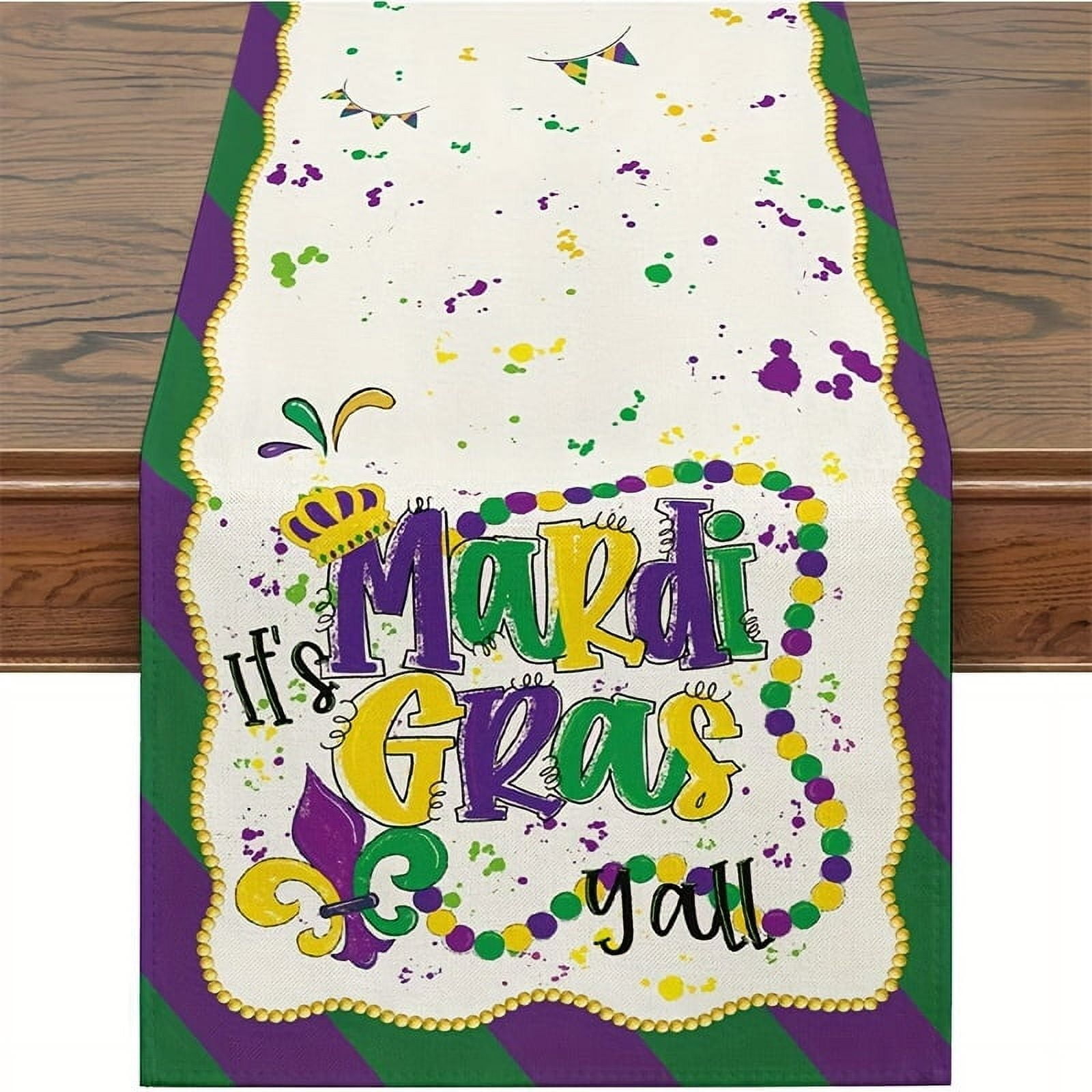 Mardi Gras Theme Linen Table Runner Beads Seasonal Anniversary Festival ...