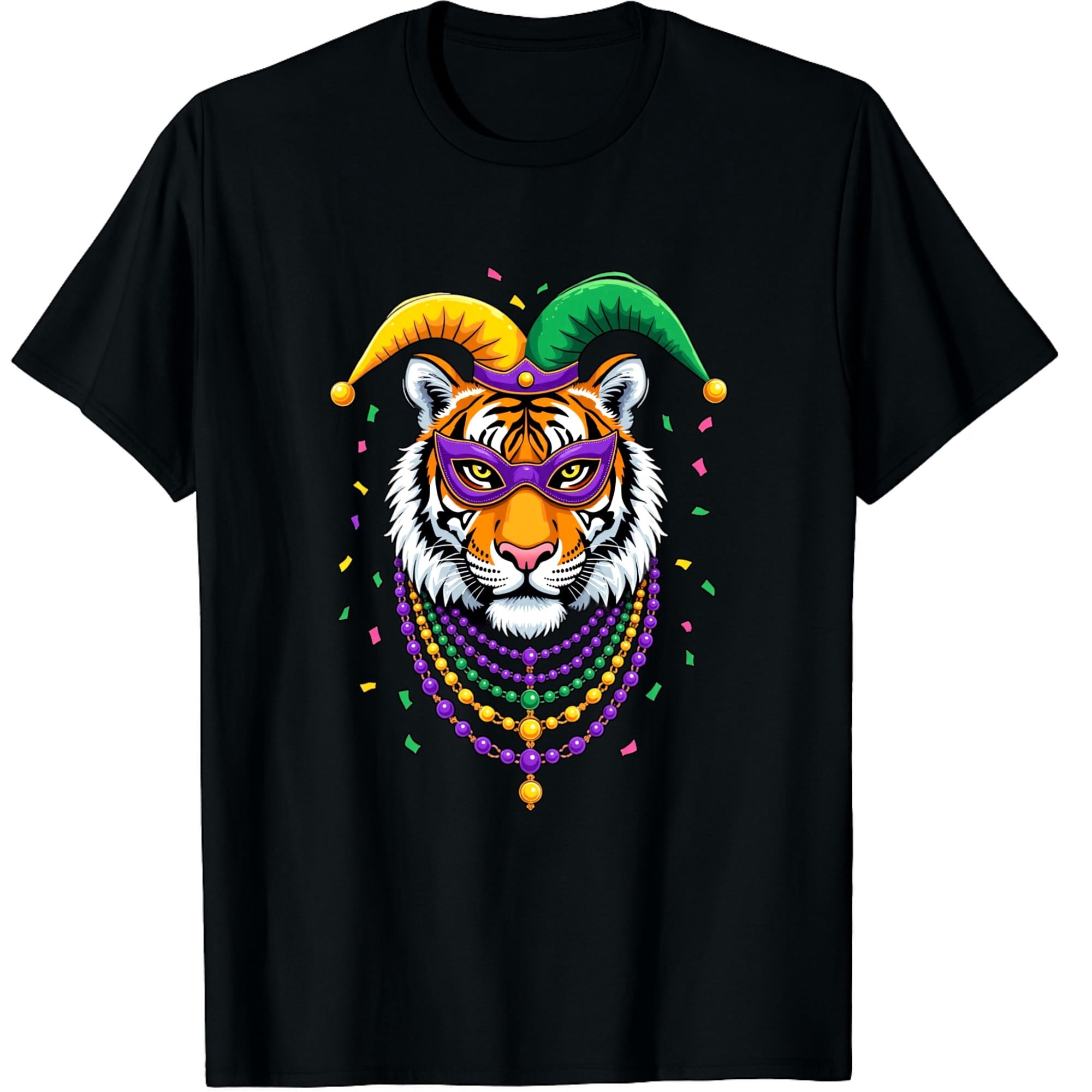 Mardi Gras Tiger Jester Hat Masquerade Mask Beads Carnival Graphic Tee ...