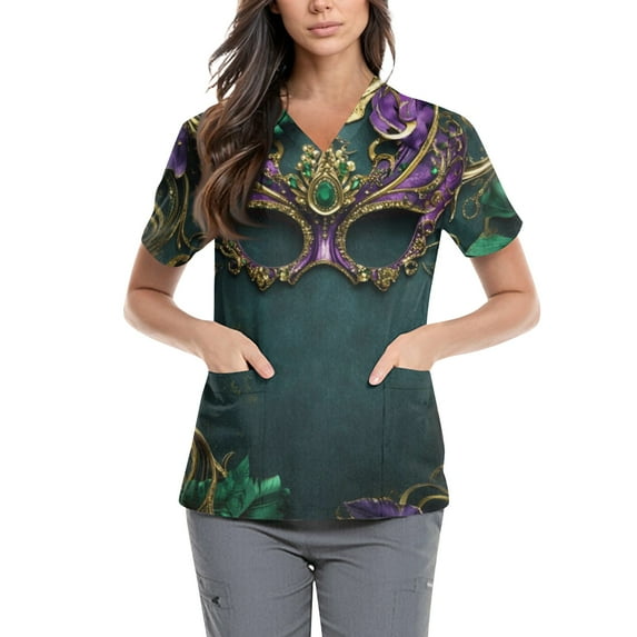 Mardi Gras Womens Scrub Top Carnival Mask Printed Plus Size Scrubs ...