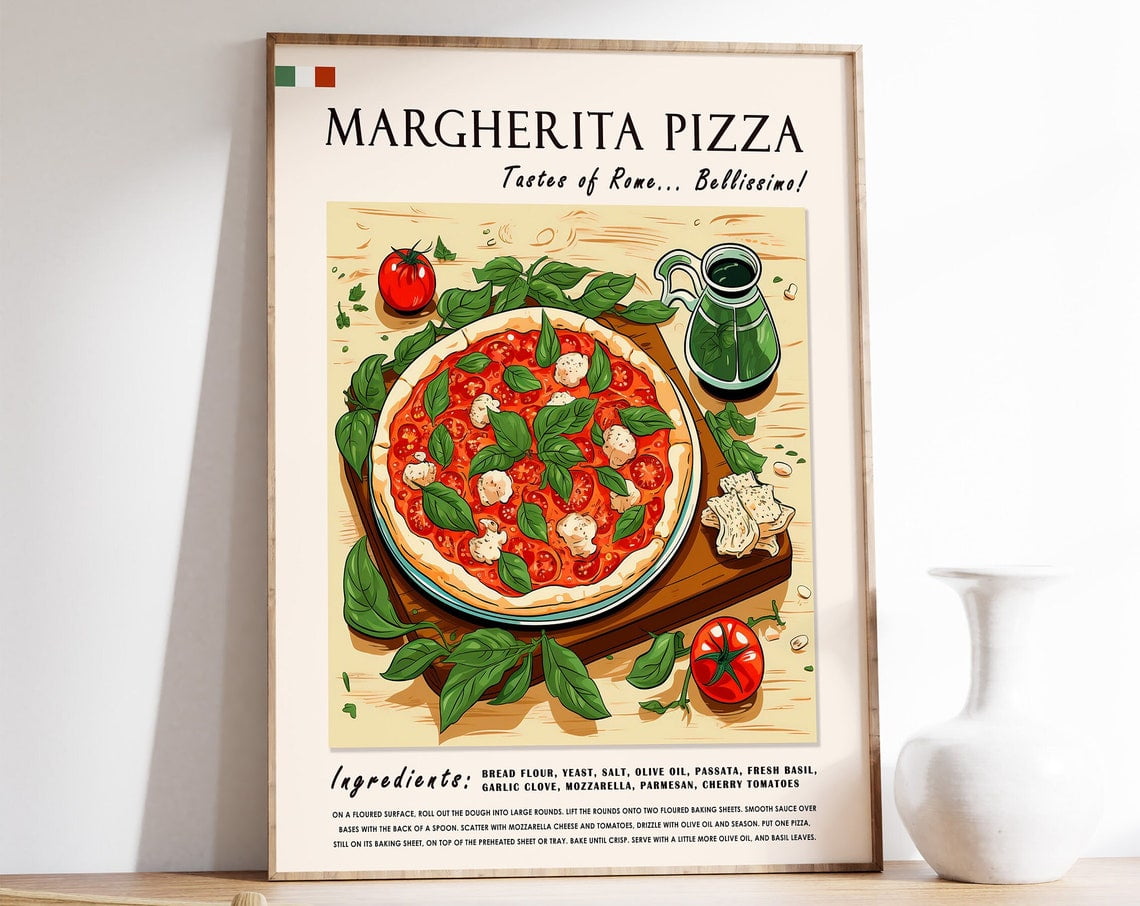Margherita Pizza Food Poster, Italian Food Print, Pizza Poster, Kitchen ...