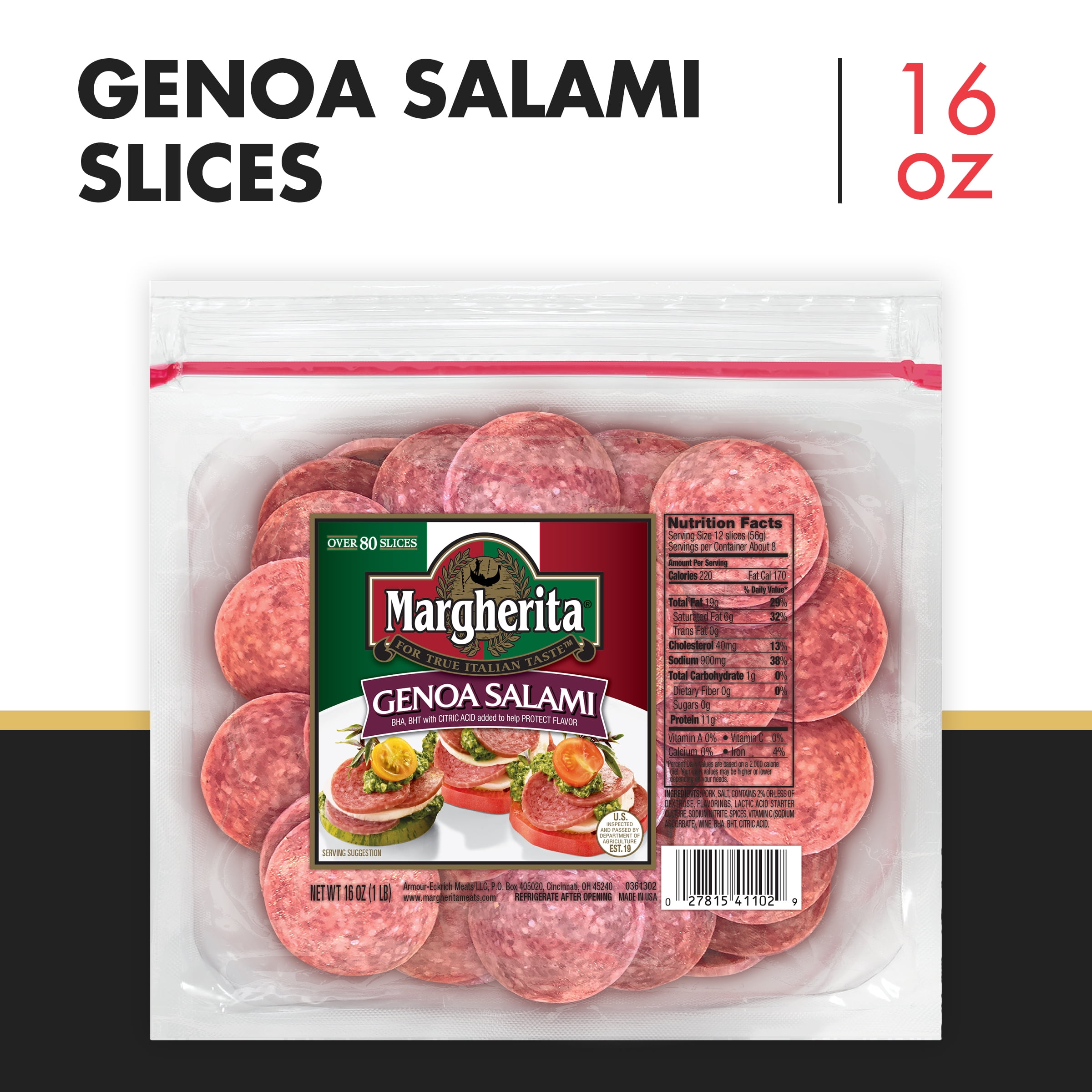 Margherita Pre-Sliced Deli Genoa Salami, Pre-Cut Sandwich Meat, 16 oz ...