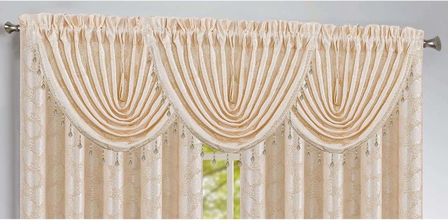 Margie Rod Pocket Waterfall Window Valance With Beads, Beige, 48X37 ...