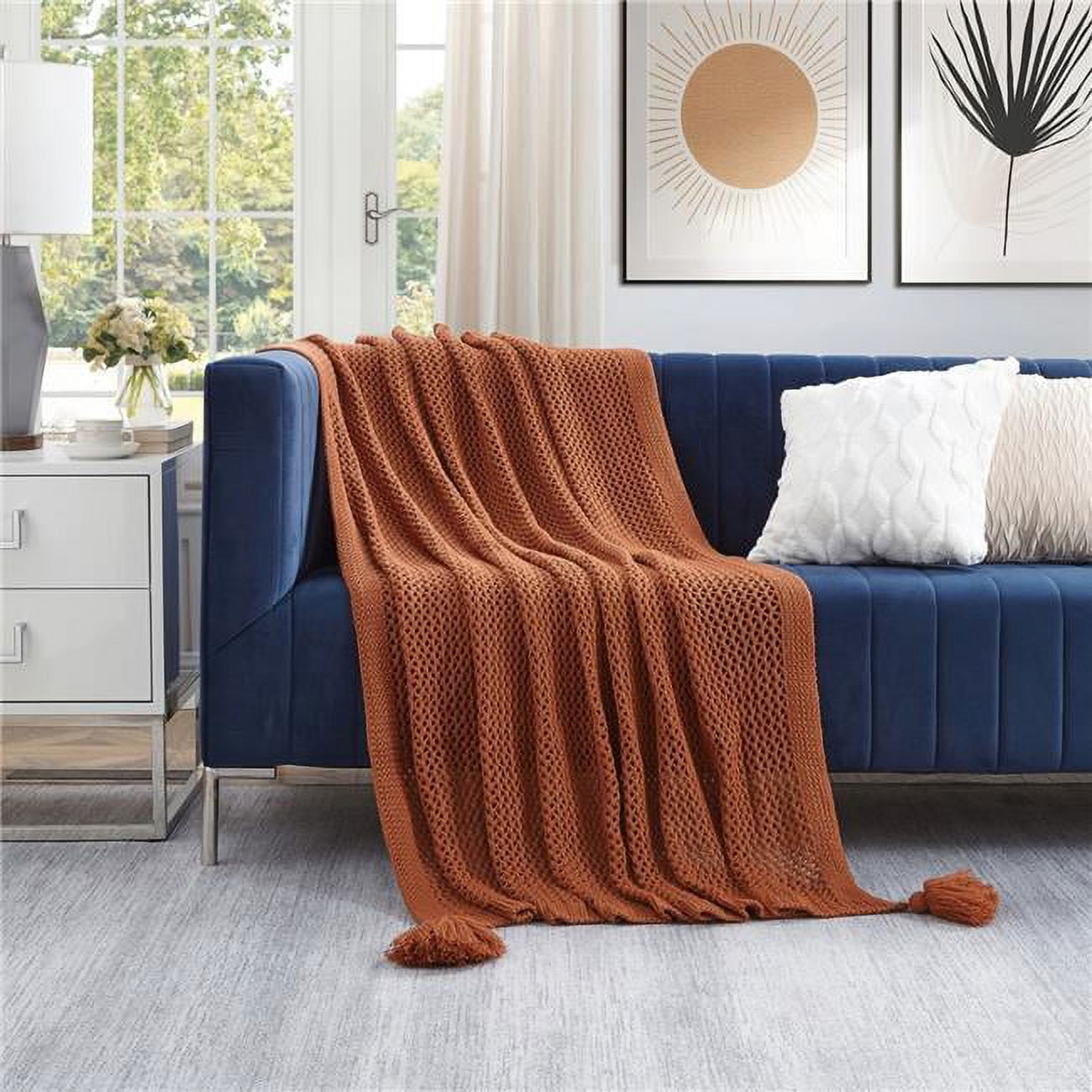 Margo Rust Acrylic 50x60 Inches Wool-like 4 Corner Tassel Knit Throw ...