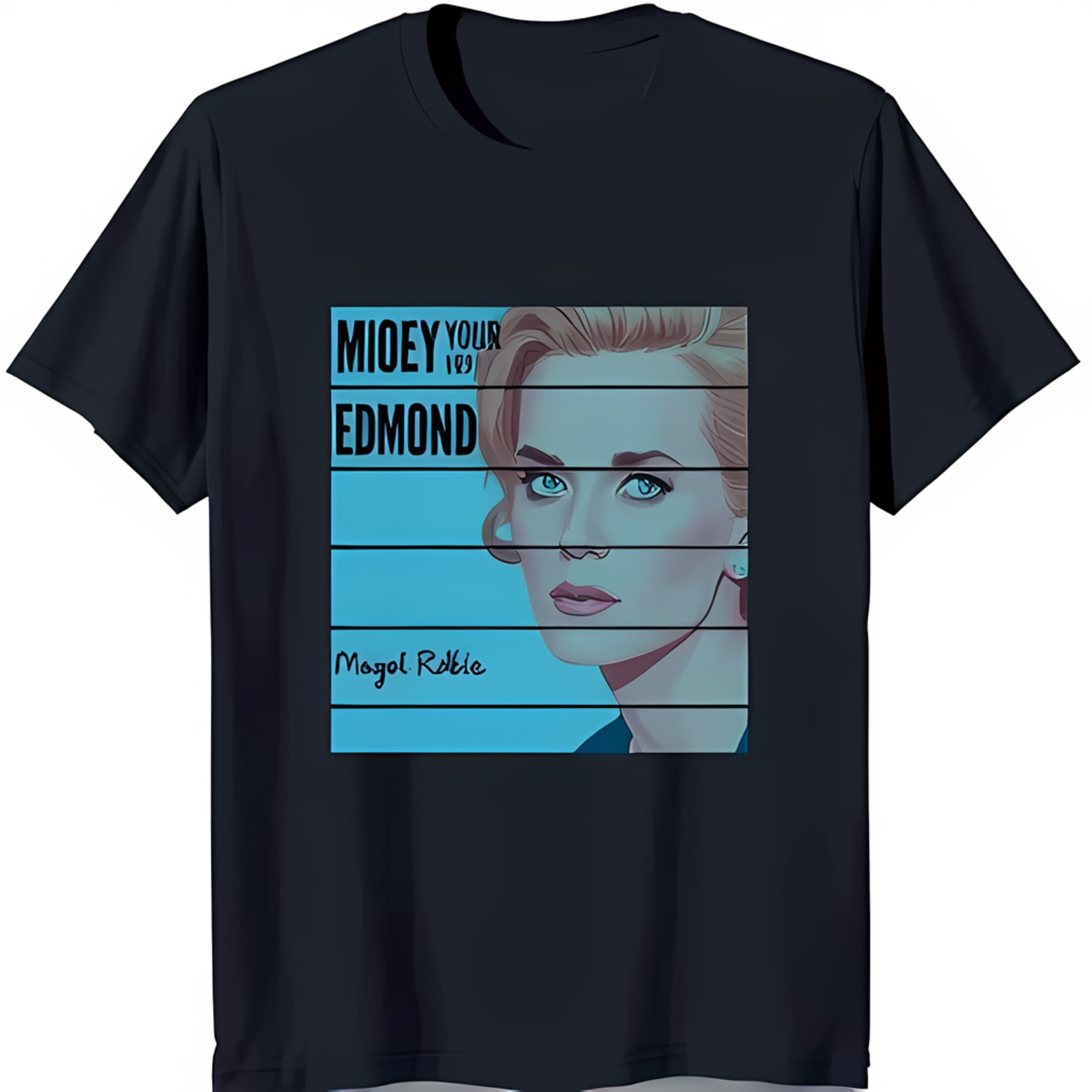 Margot Robbie Graphic Black T-Shirt with Striped Dress Design & Cursive ...