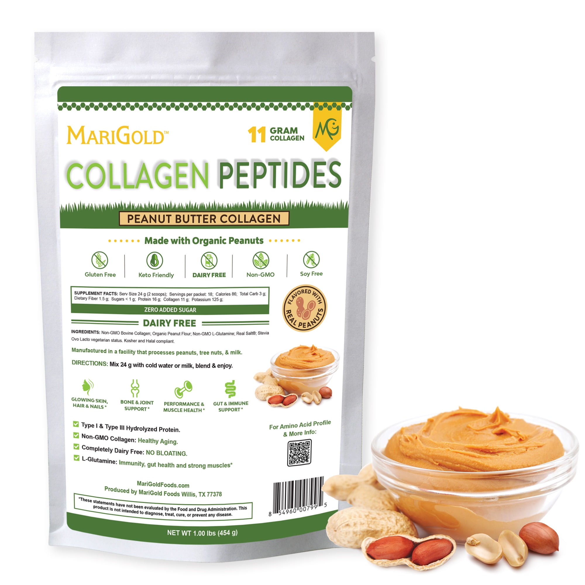 MariGold Collagen Peptides Powder - Peanut Butter 1LB, Type I & III ...