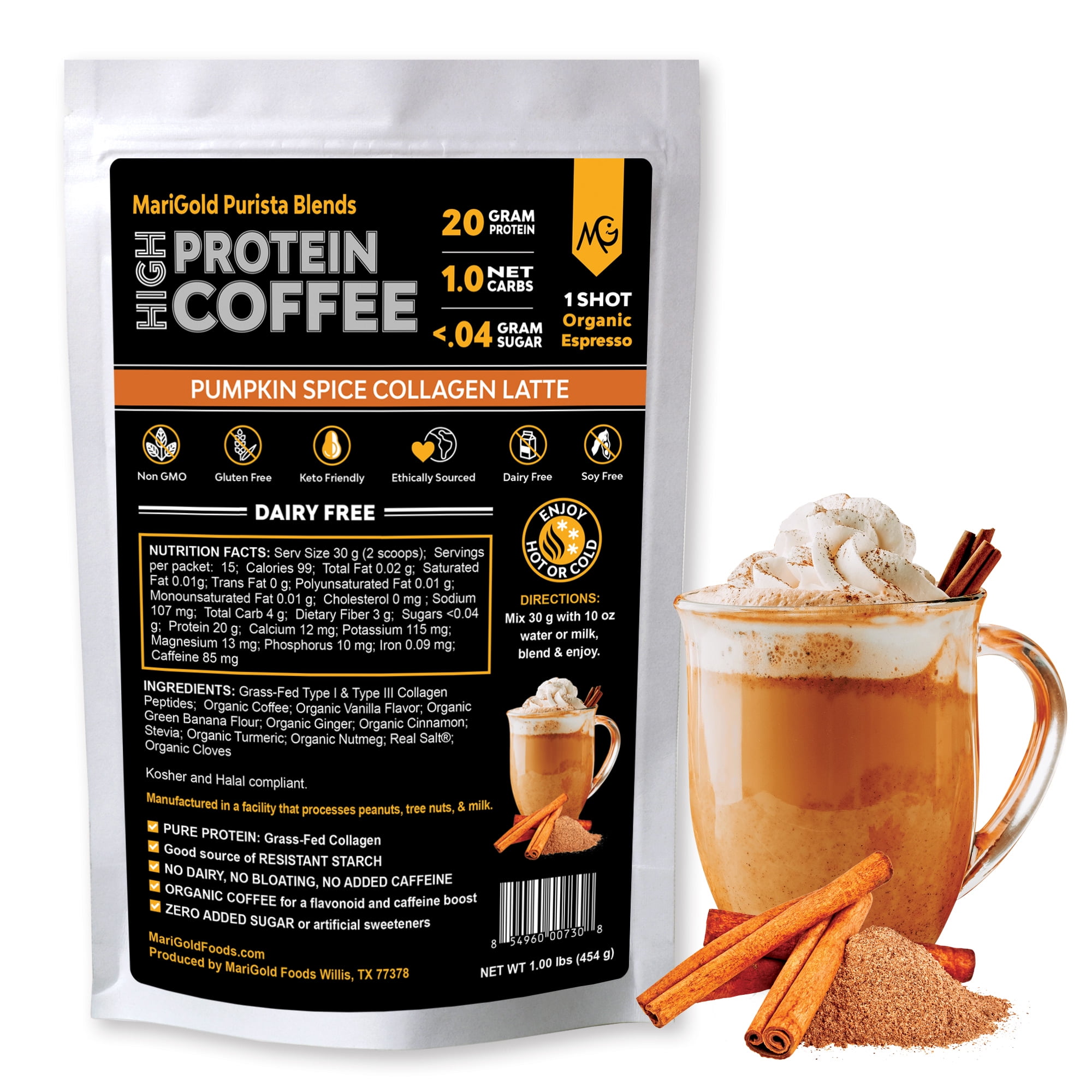 Marigold Pumpkin Spice Collagen Latte Coffee, High Protein Powder ...