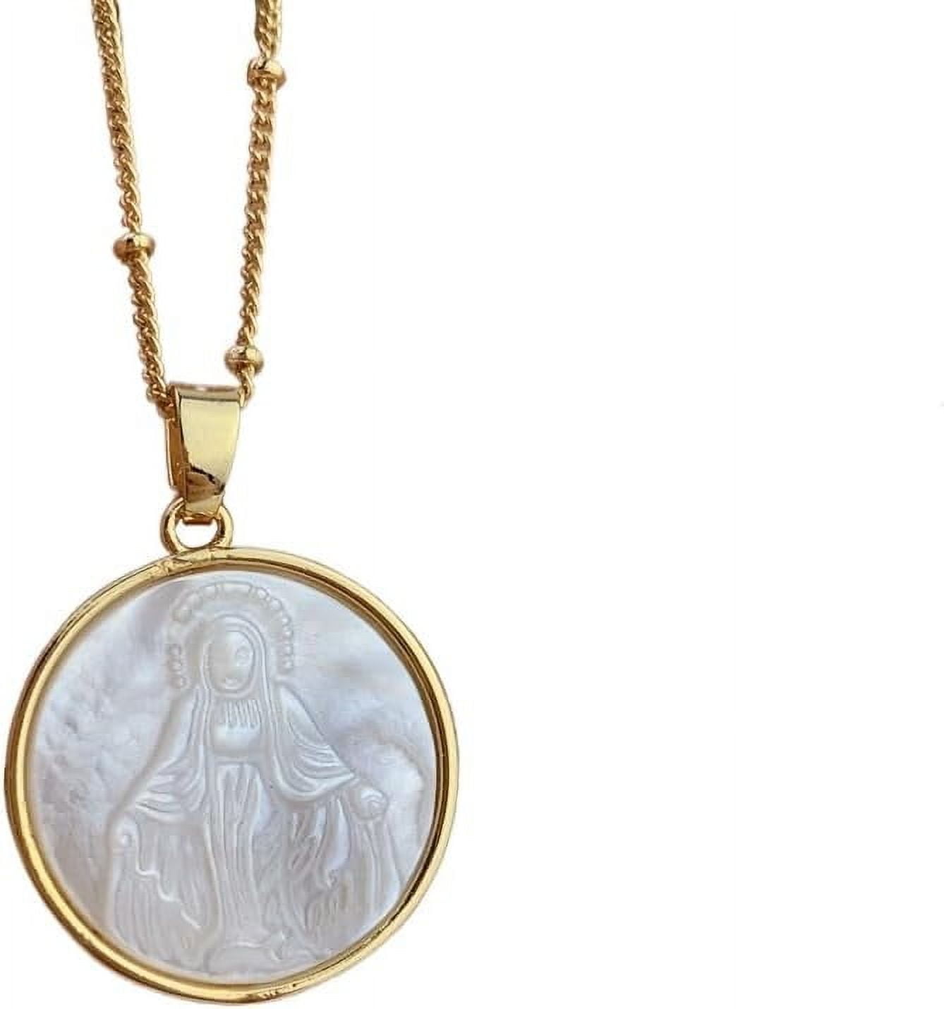 Maria Mother of Pearl Necklace Medal Cubic Zirconia Necklace Mary Faith ...