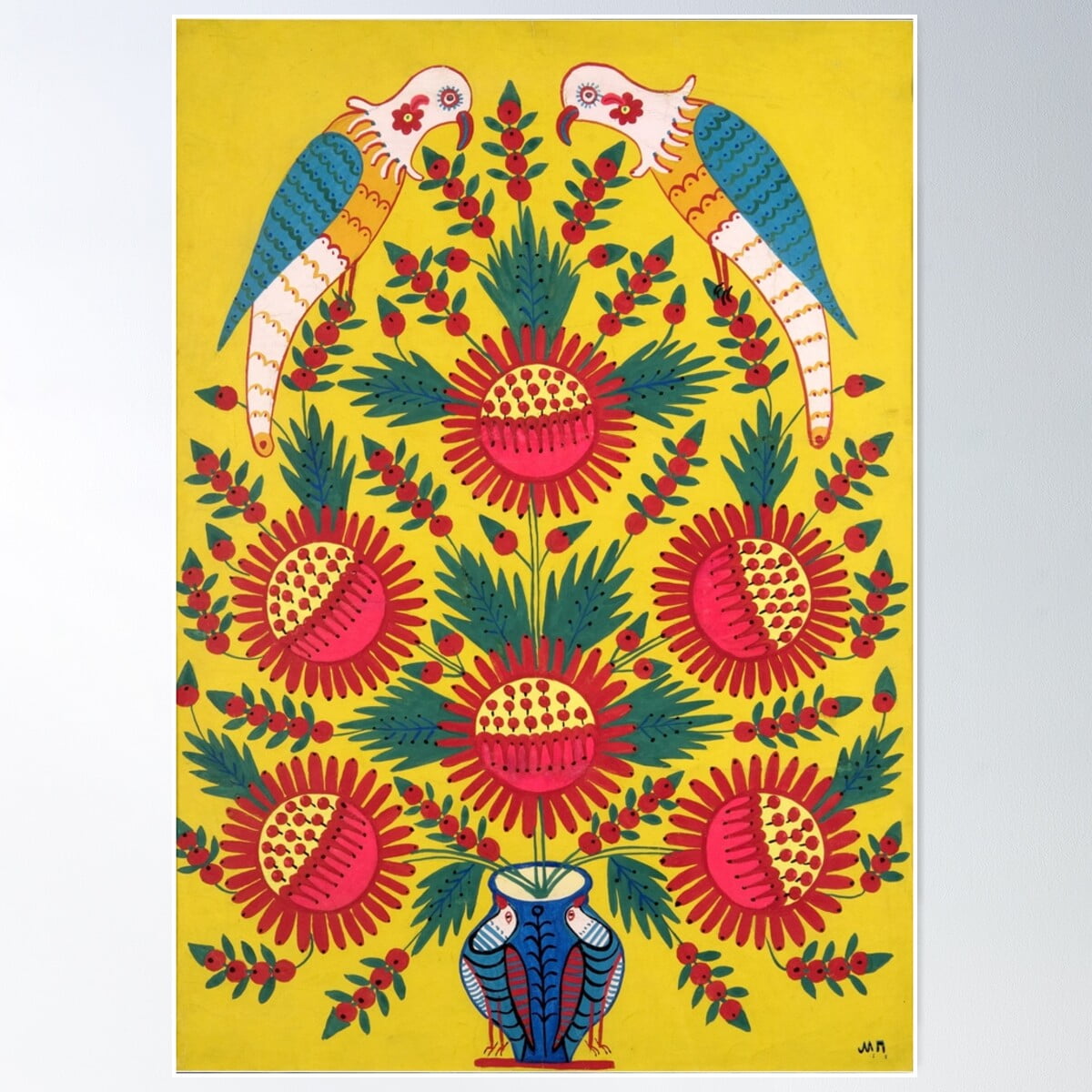 Maria Prymachenko Flowers In A Pot And Parrots Poster Wall Art, Modern ...