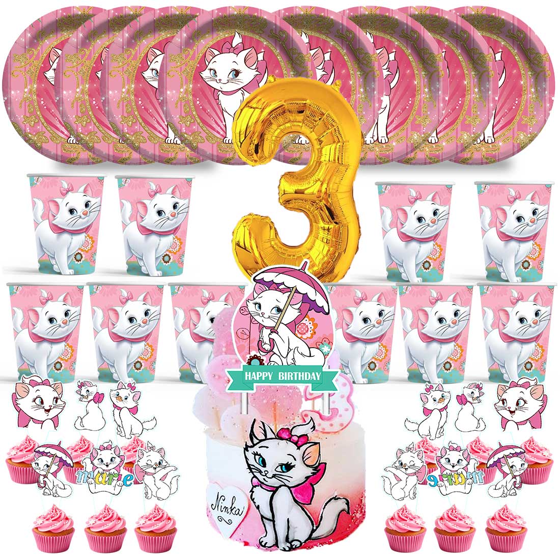 Marie Birthday 3rd Cups Party Supplies Plates Fans Decorations Cake ...