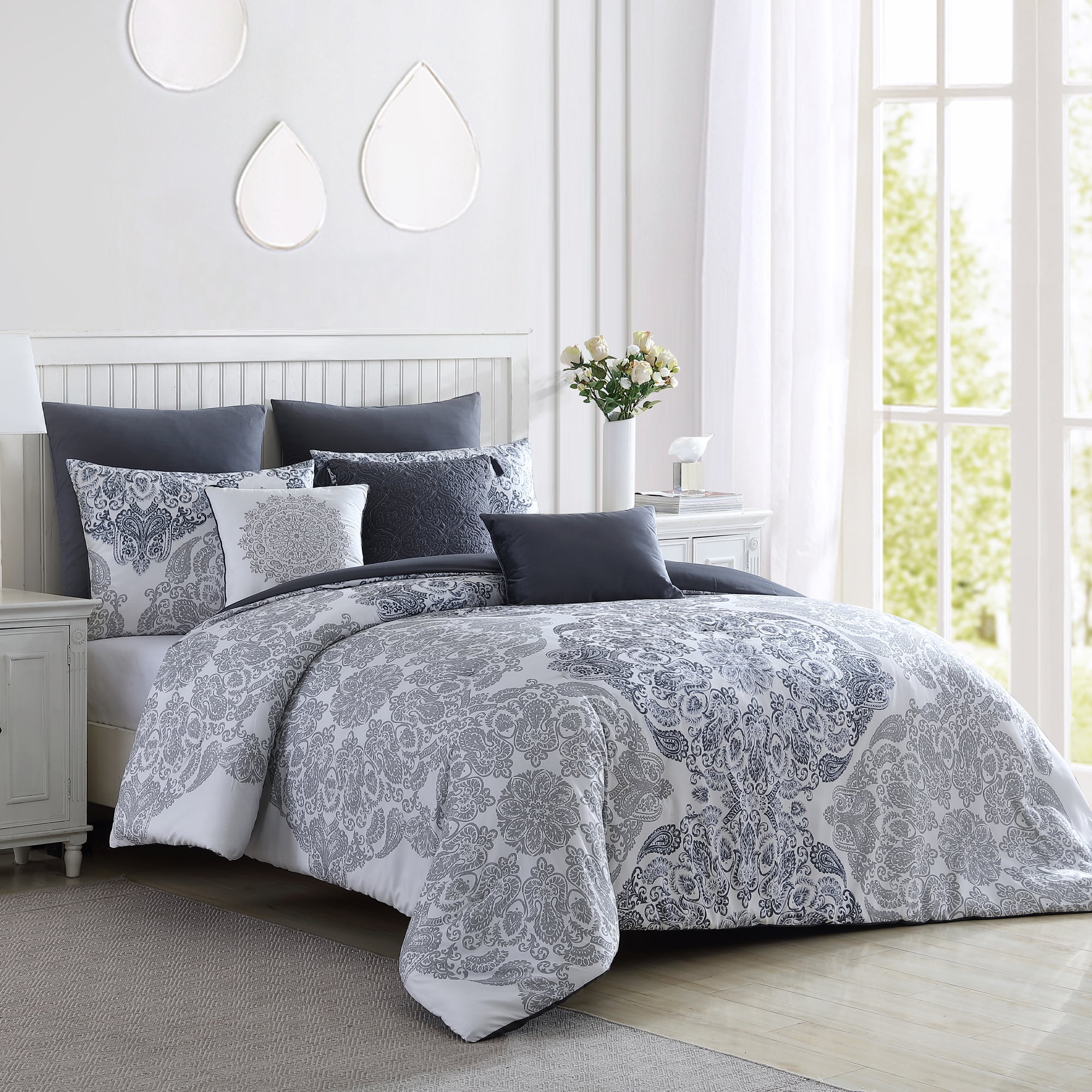 Marie Claire Tori 8-Piece Damask Reversible Adult Comforter Set, Queen ...