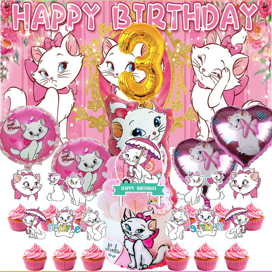 Marie Party Supplies Decor 3rd Kit Balloons Birthday Cake Topper Banner ...