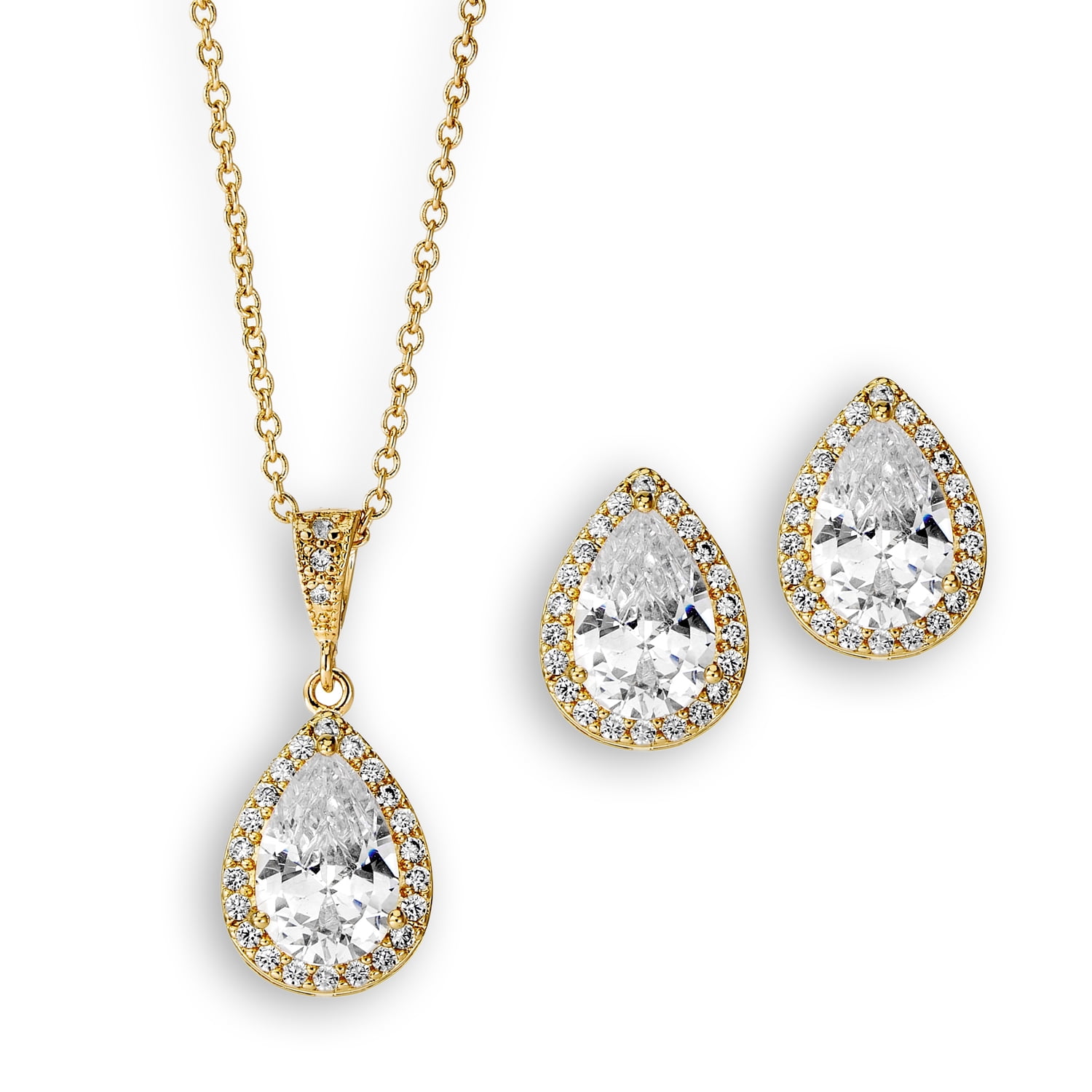 Mariell 14K Gold Plated CZ Crystal Pear-Shape Necklace & Earrings ...