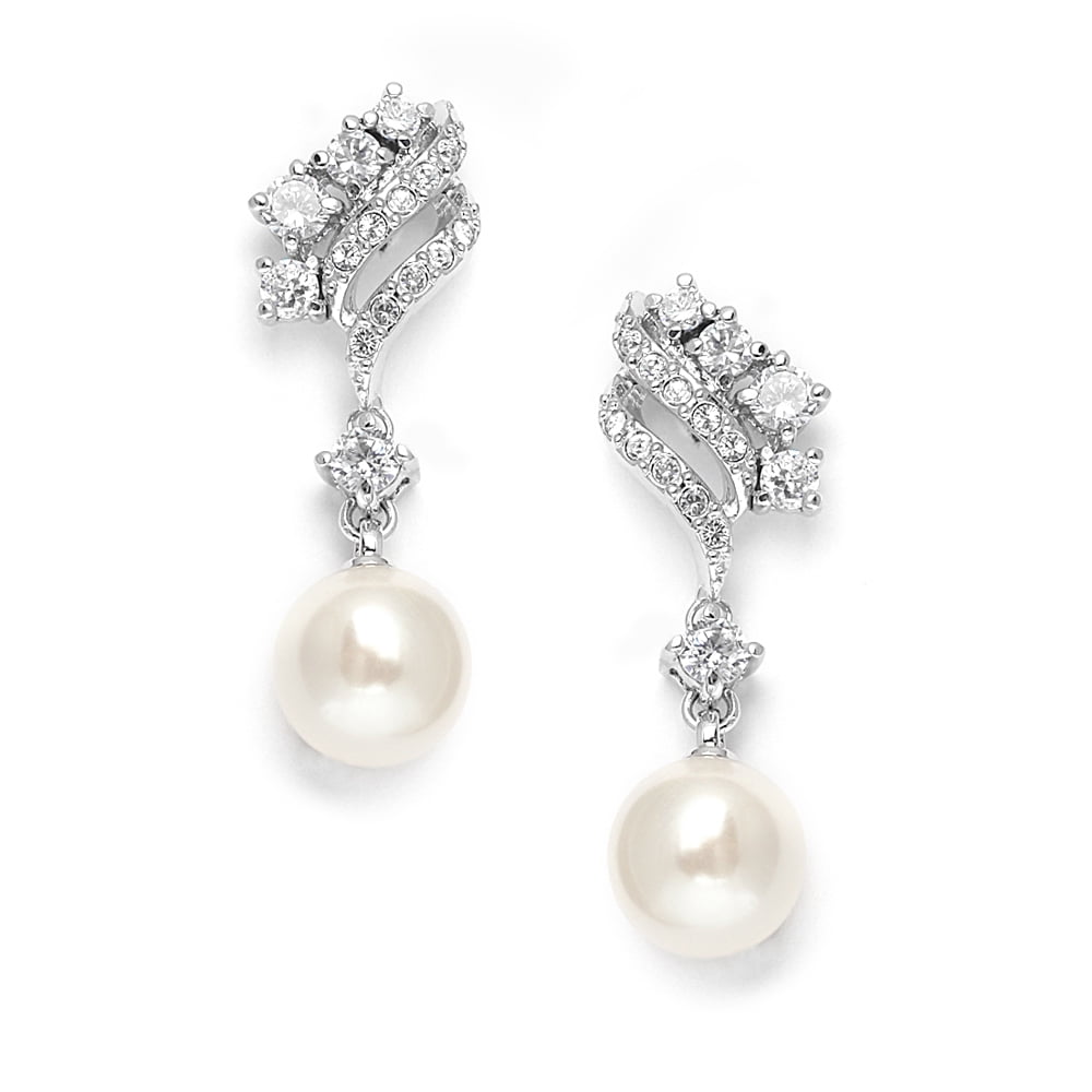 Mariell Pearl Drop Wedding Bridal Earrings, Cubic Zirconia and Pearl ...
