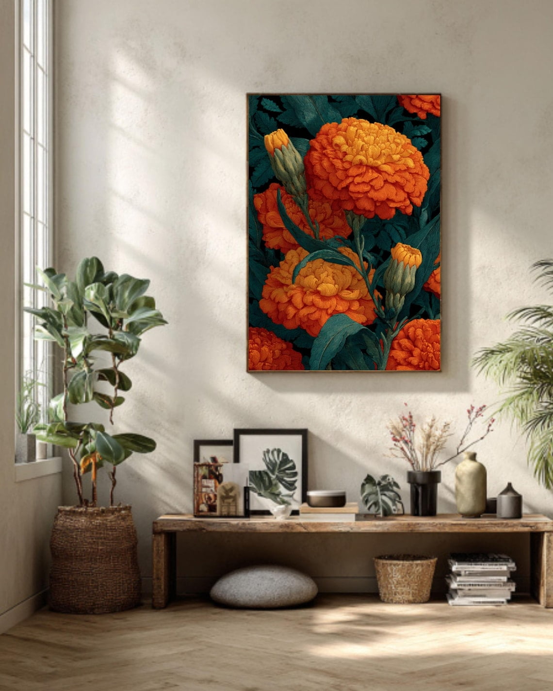 Marigold Block Print Art: William Morris Style Floral Decor, Unframed ...