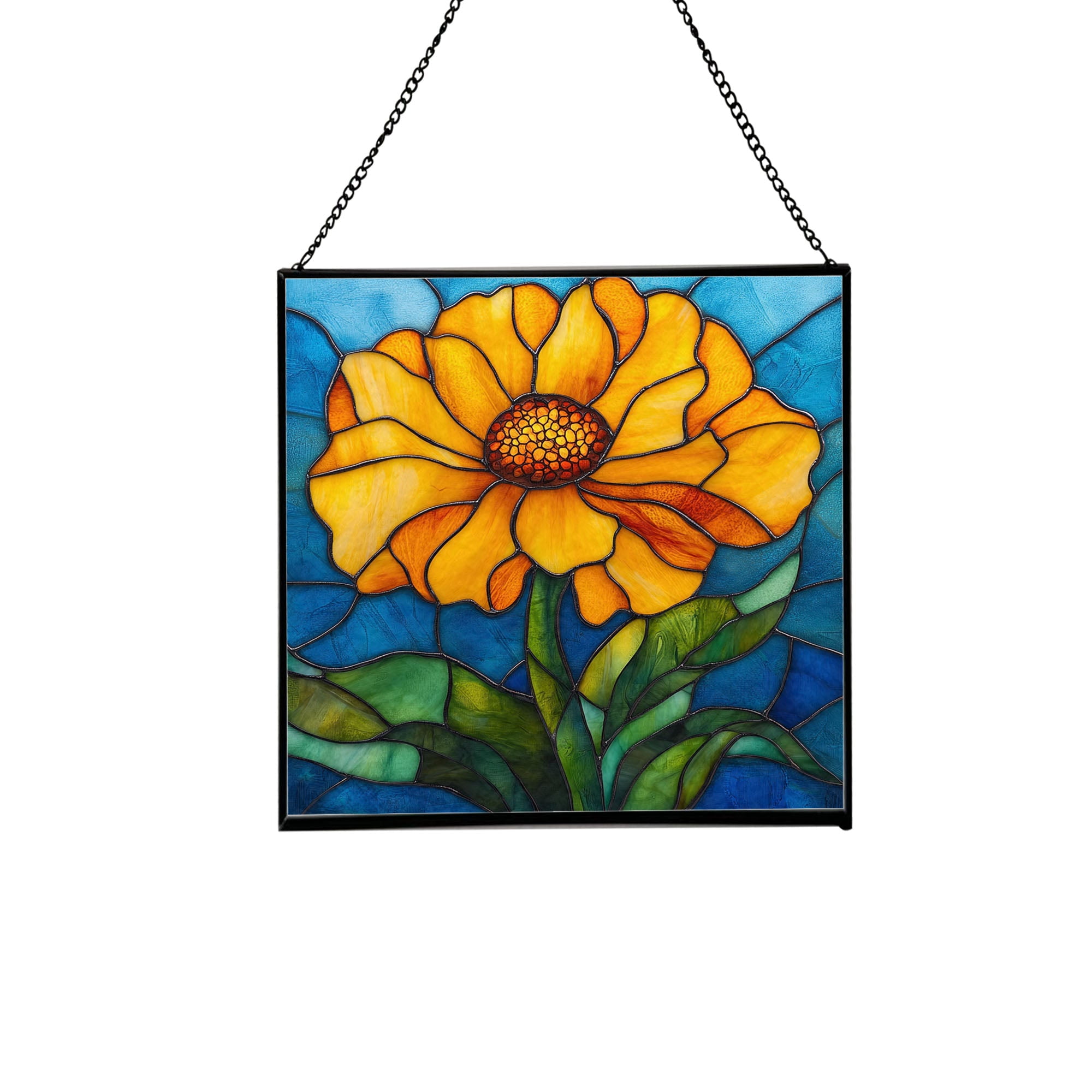 Marigold Flower Stained Glass Panel Suncatcher Square Window Hanging, 8 ...