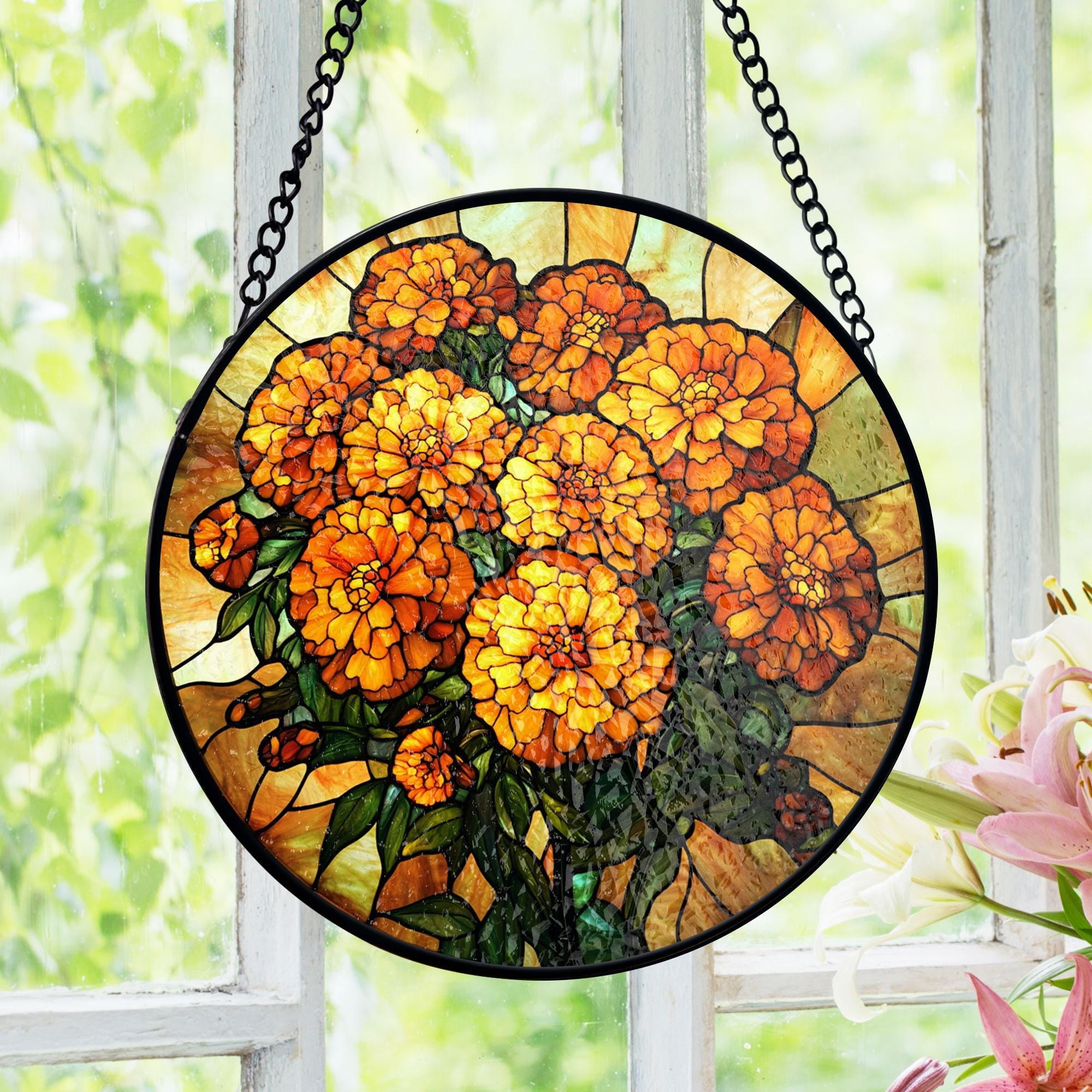 Marigold Flower Stained Glass Suncatcher, Vibrant Bloom Panel, Window ...