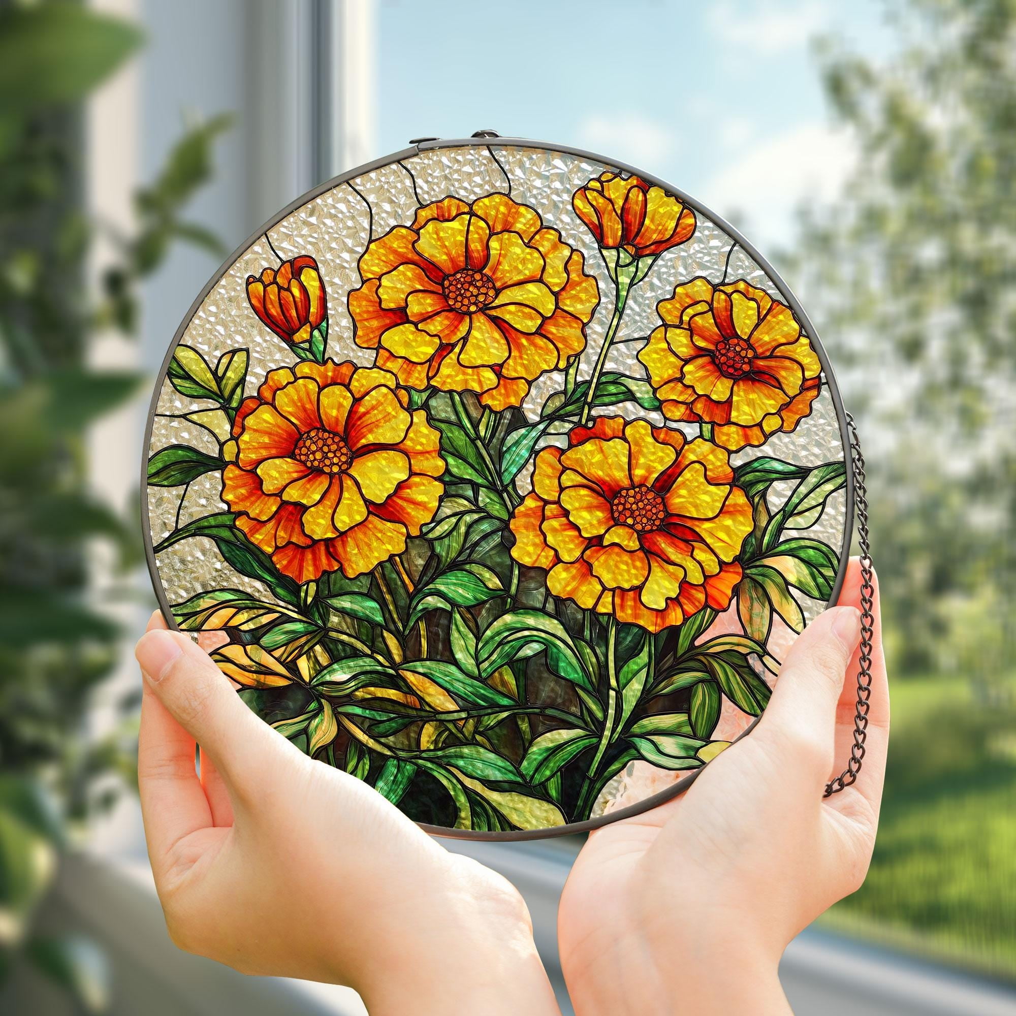Marigold Stained Glass Suncatcher, Floral Window Hanging, Garden Decor ...