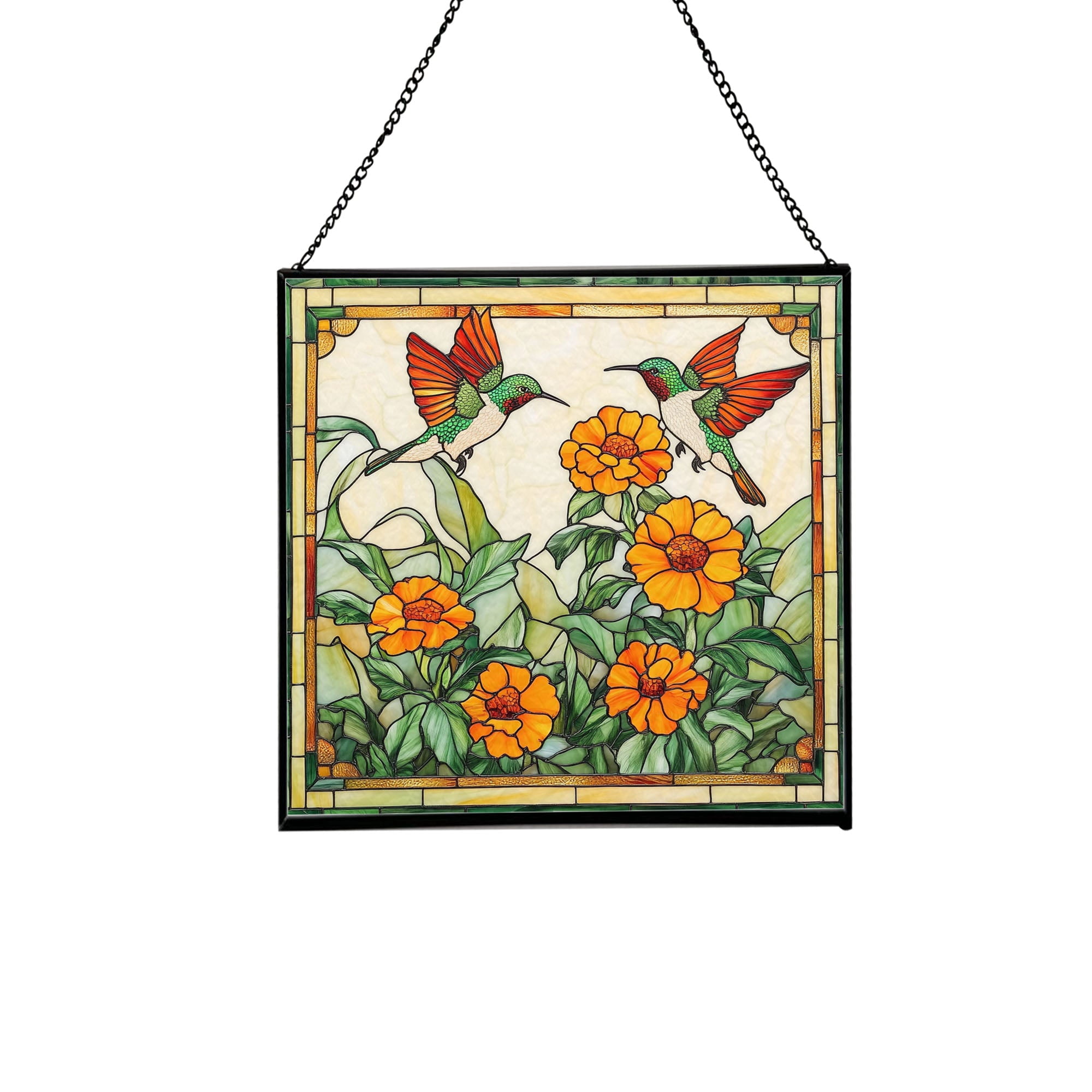 Marigold and Hummingbirds Stained Glass Panels Window Hangings Tiffany ...