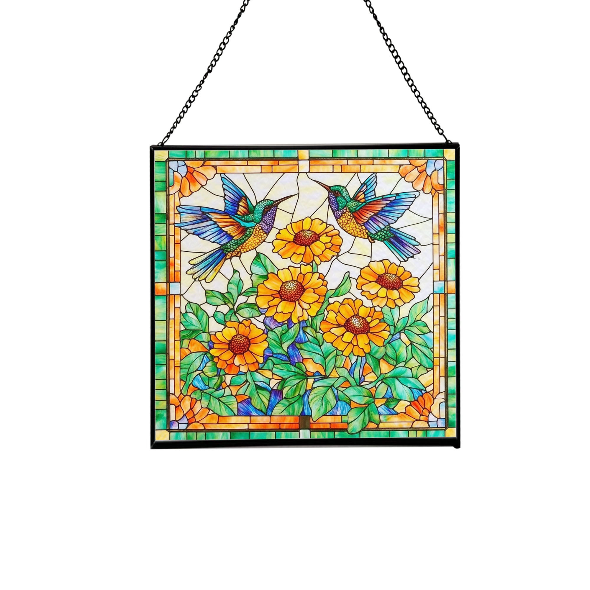 Marigold and Hummingbirds Stained Glass Panels Window Hangings Tiffany ...