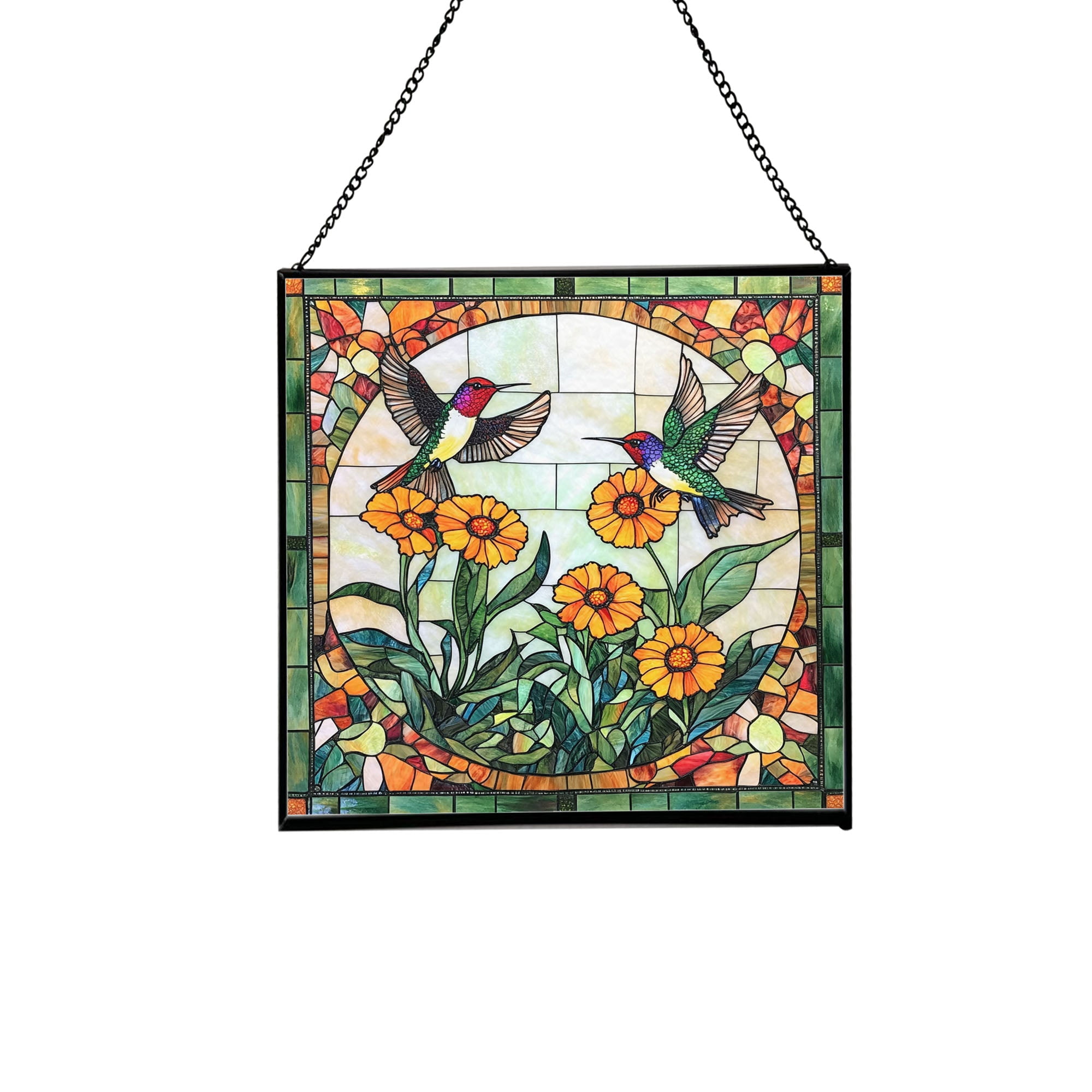 Marigold and Hummingbirds Stained Glass Panels Window Hangings Tiffany ...
