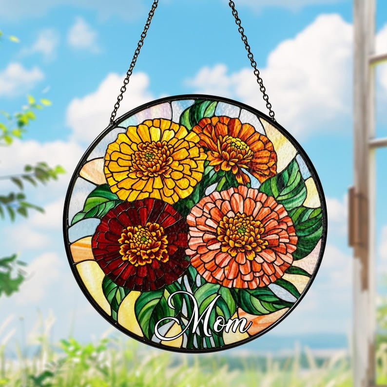 Marigolds Stained Glass Suncatcher, October Birth Month Window Hanging ...