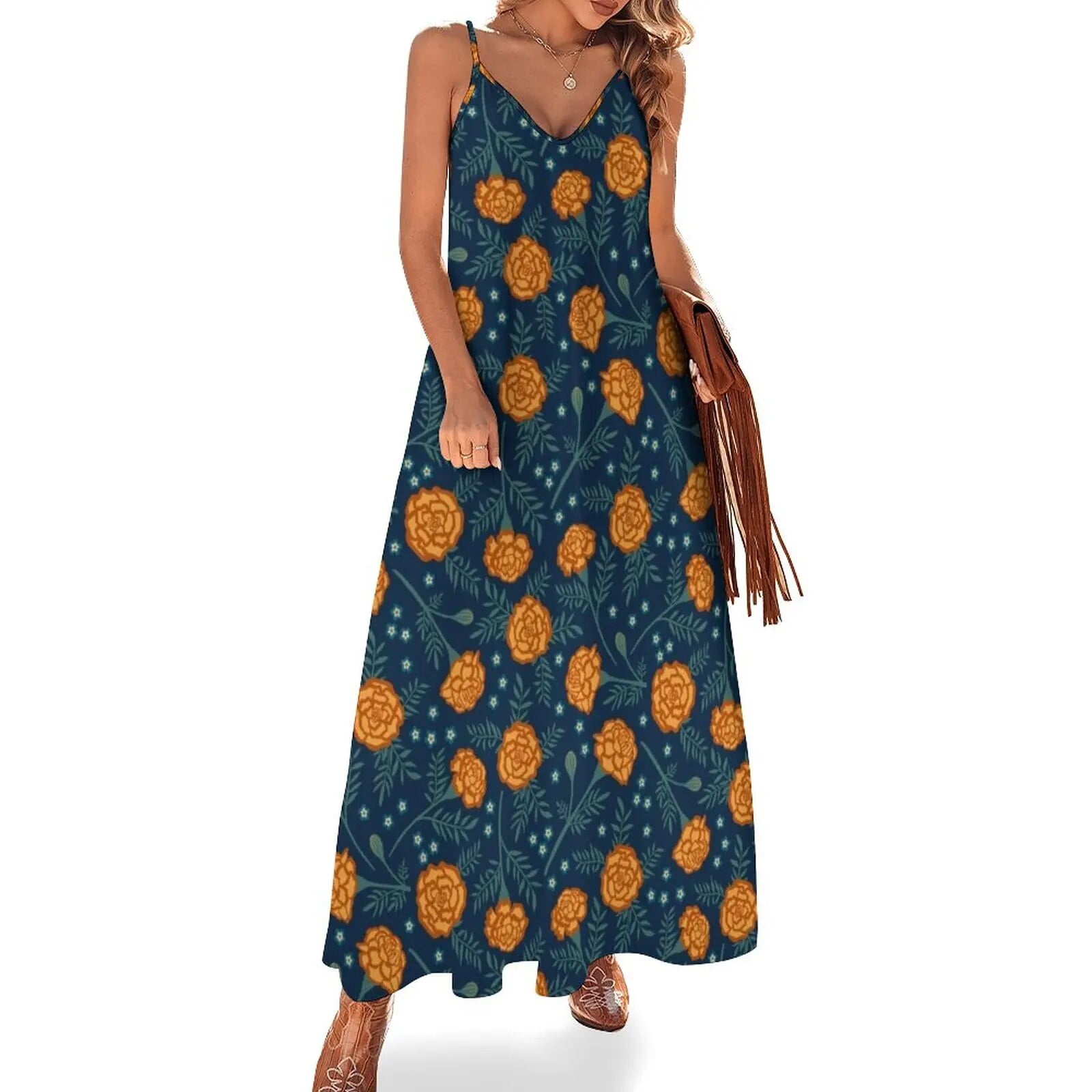 Marigolds and forget me nots on midnight blue Sleeveless Dress women ...