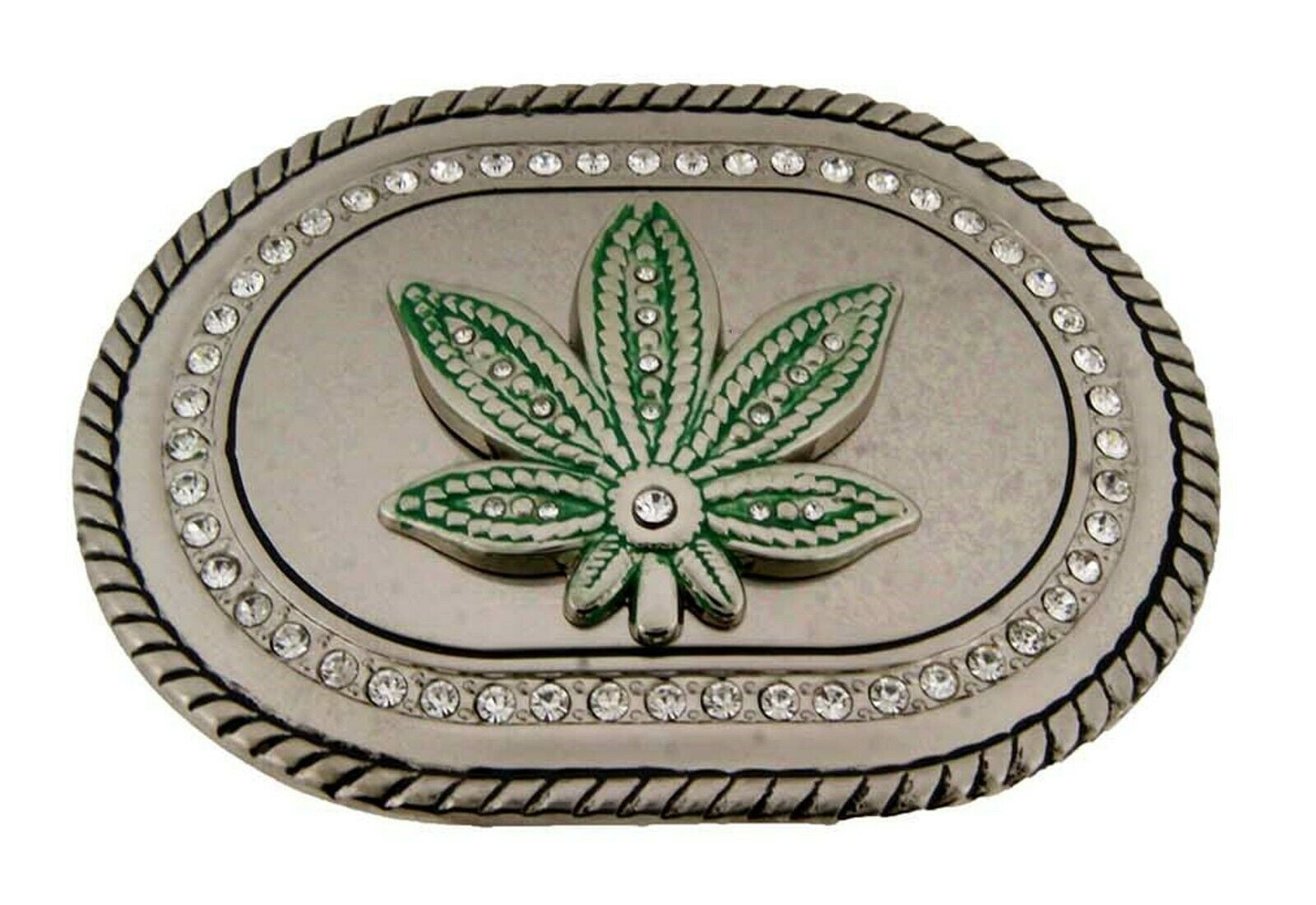 Marijuana Leaf Belt Buckle Green Leaf Silver Rhinestones Borders Square ...