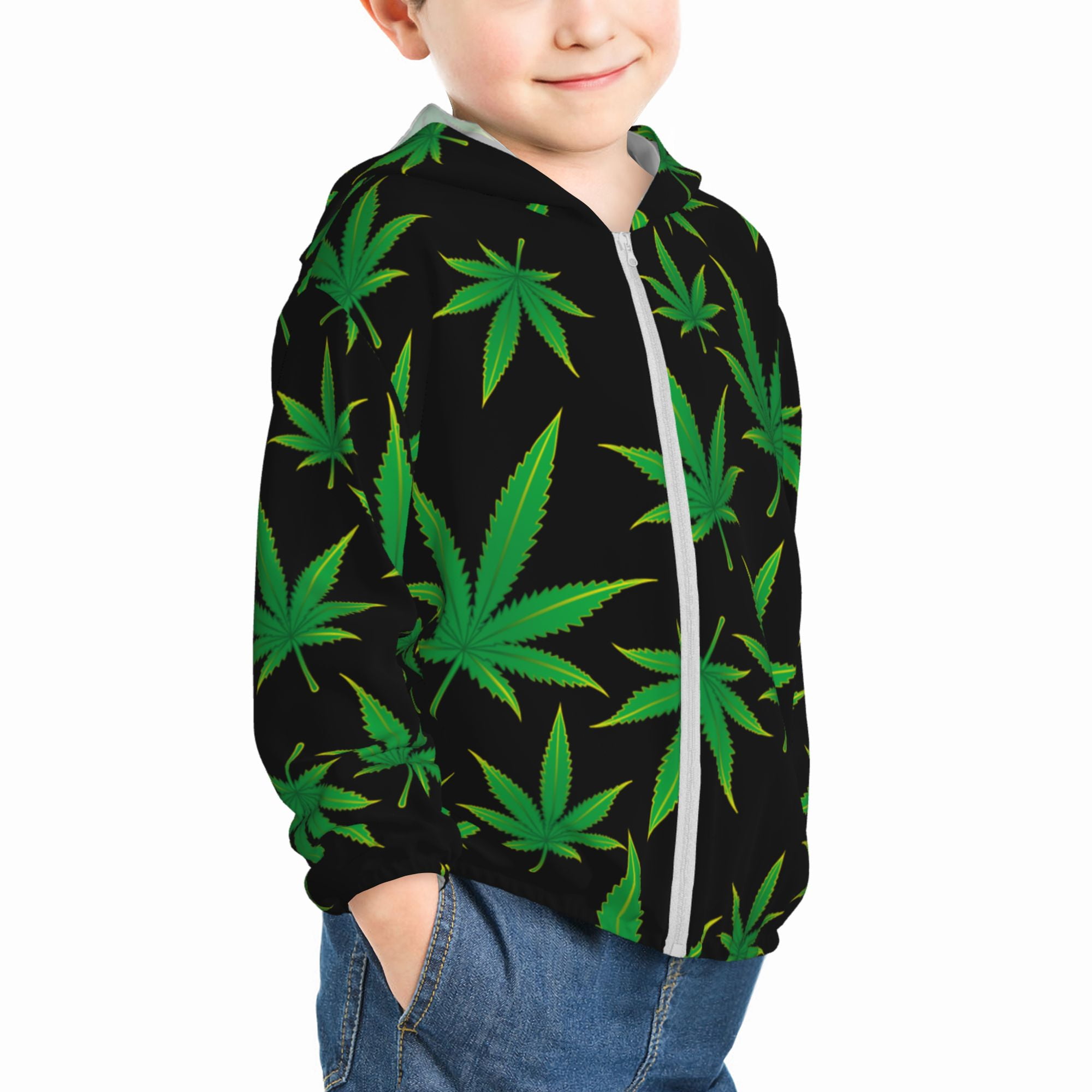 Marijuana Leaf Kids Zip-Up Hoodie Girls Boys Sun Protection Jacket Hooded Cooling Shirt ...