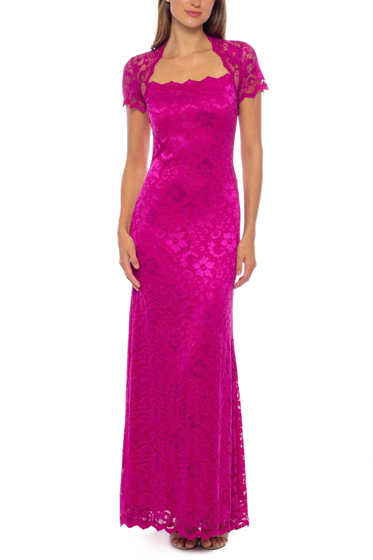 Marina A-Line Neck Short Sleeve Sheath Lace Gown Color: FUSCHIA, Size ...