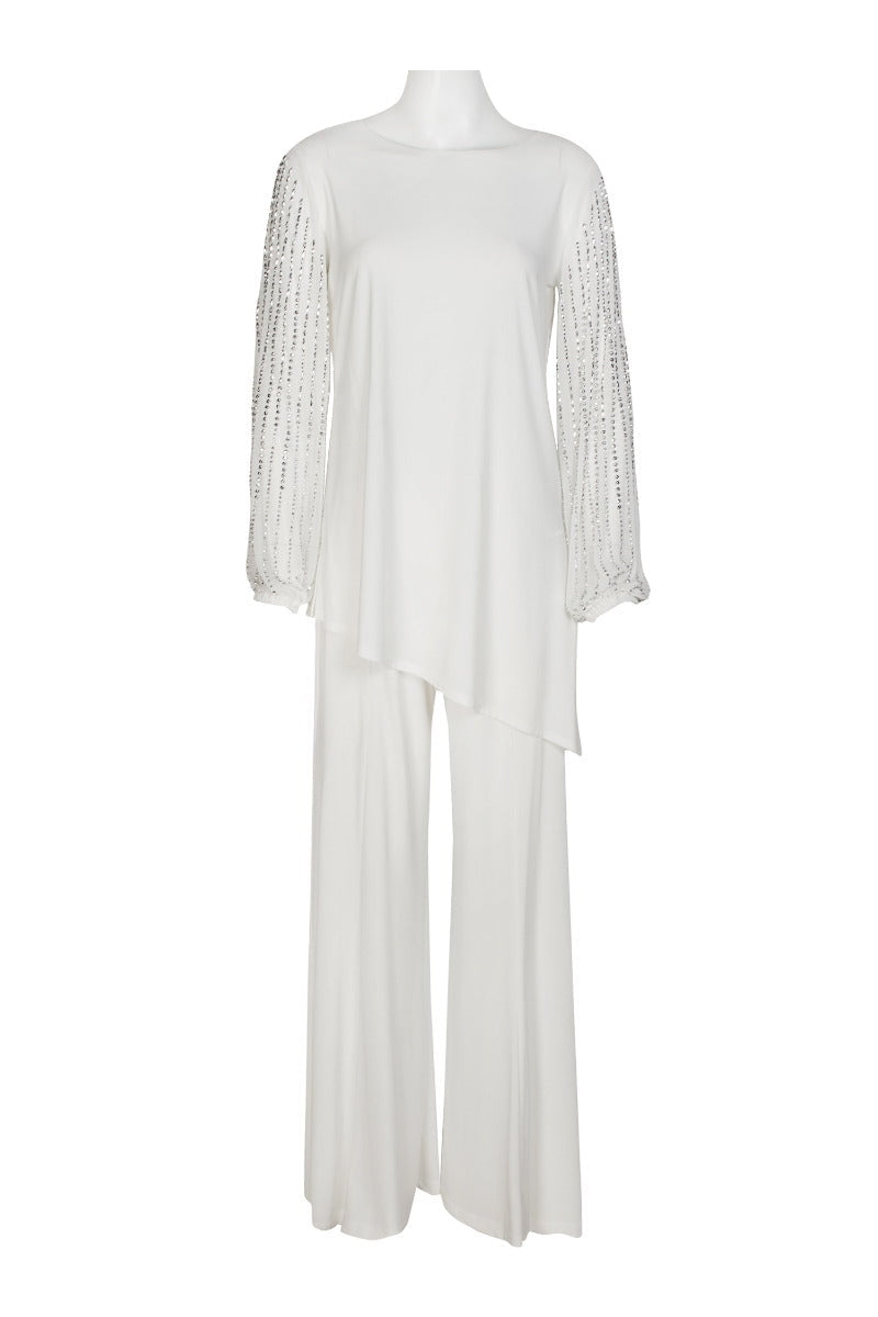 Marina Boat Neck Embellished Chiffon Long Sleeve Asymmetrical Hem and ...