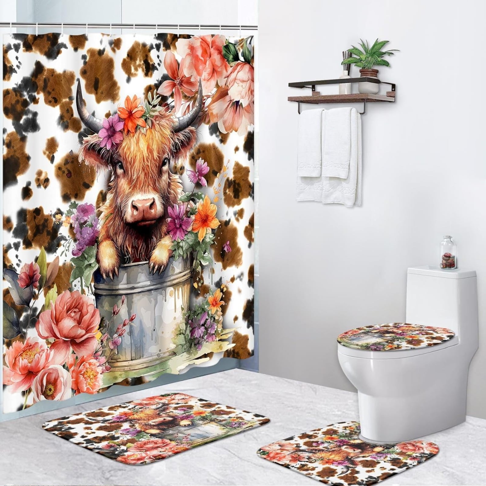 MarinaVida 4 Pcs Shower Curtain Sets, Highland Cow Bathroom Set with ...