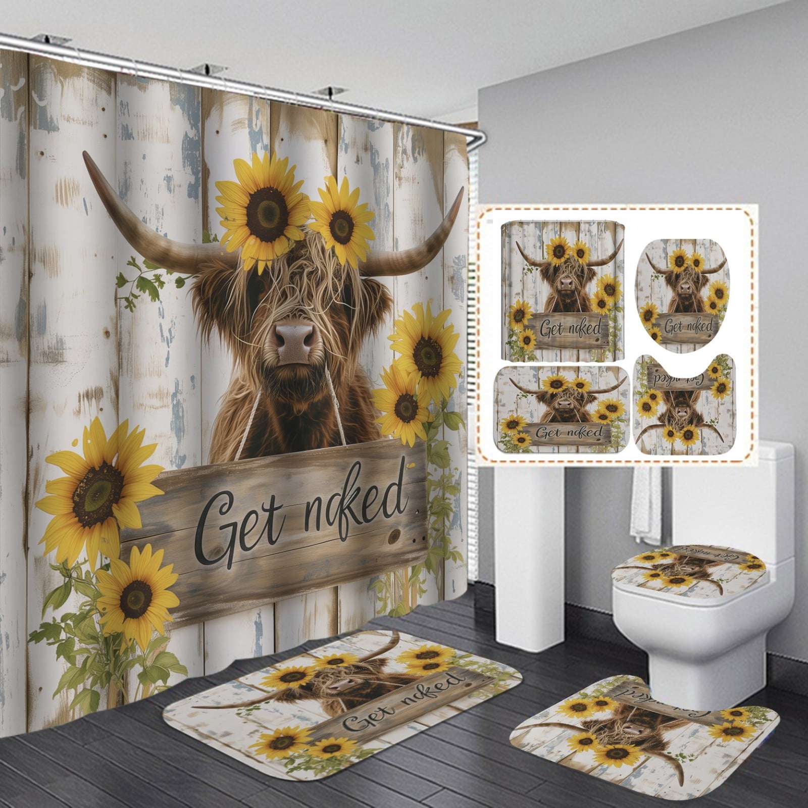 MarinaVida 4 Pcs Shower Curtain Sets, Highland Cow Bathroom Set with ...