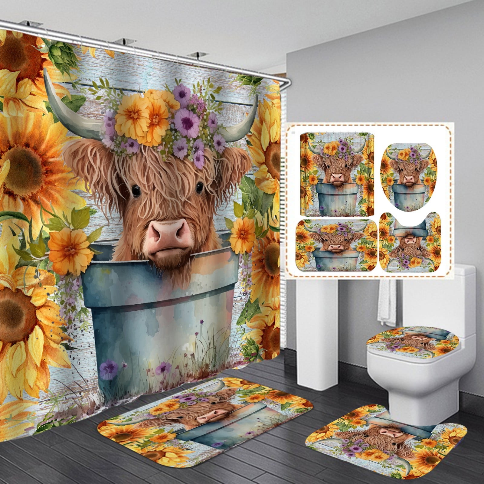 MarinaVida 4 Pcs Shower Curtain Sets, Highland Cow Bathroom Set with ...