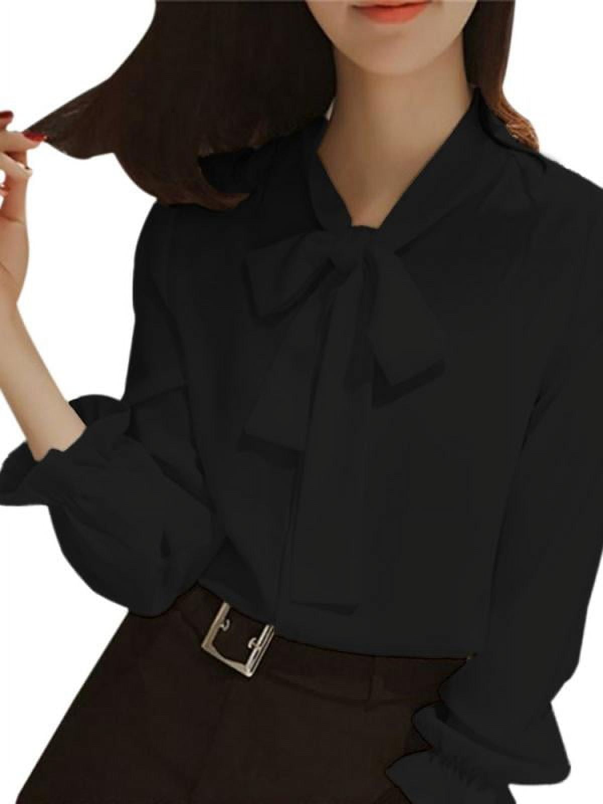 MarinaVida Women's Bow Tied Neck Chiffon Blouses Casual Loose Long ...