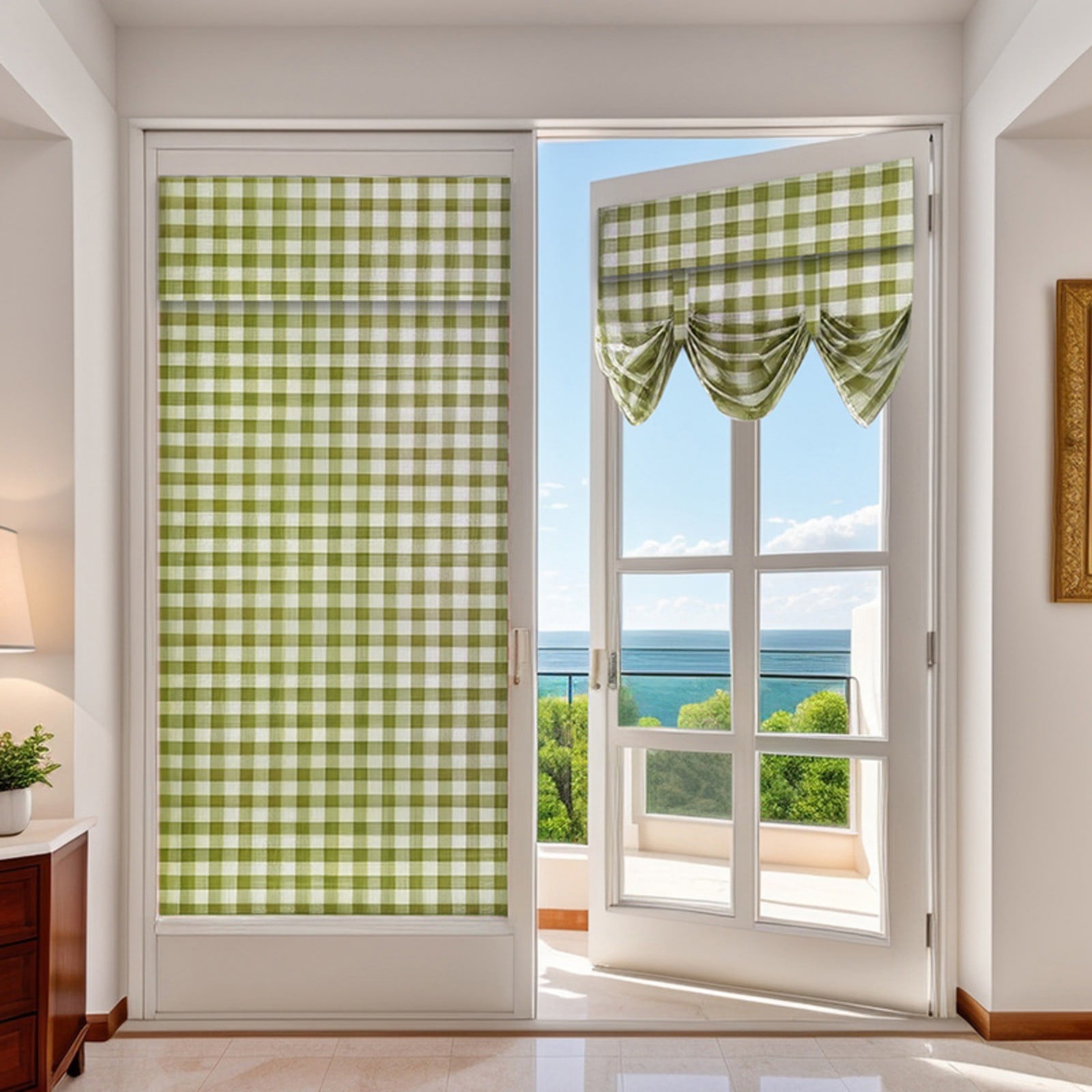 MarinaVida Check Plaid French Door Curtain, Adhesive Punch-free ...
