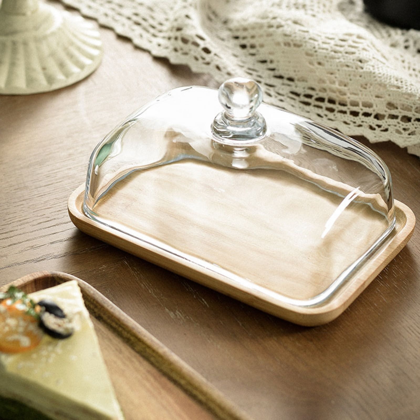 MarinaVida Dessert Pastry Plate Wood Stand with Glass Lid, Rectangular ...