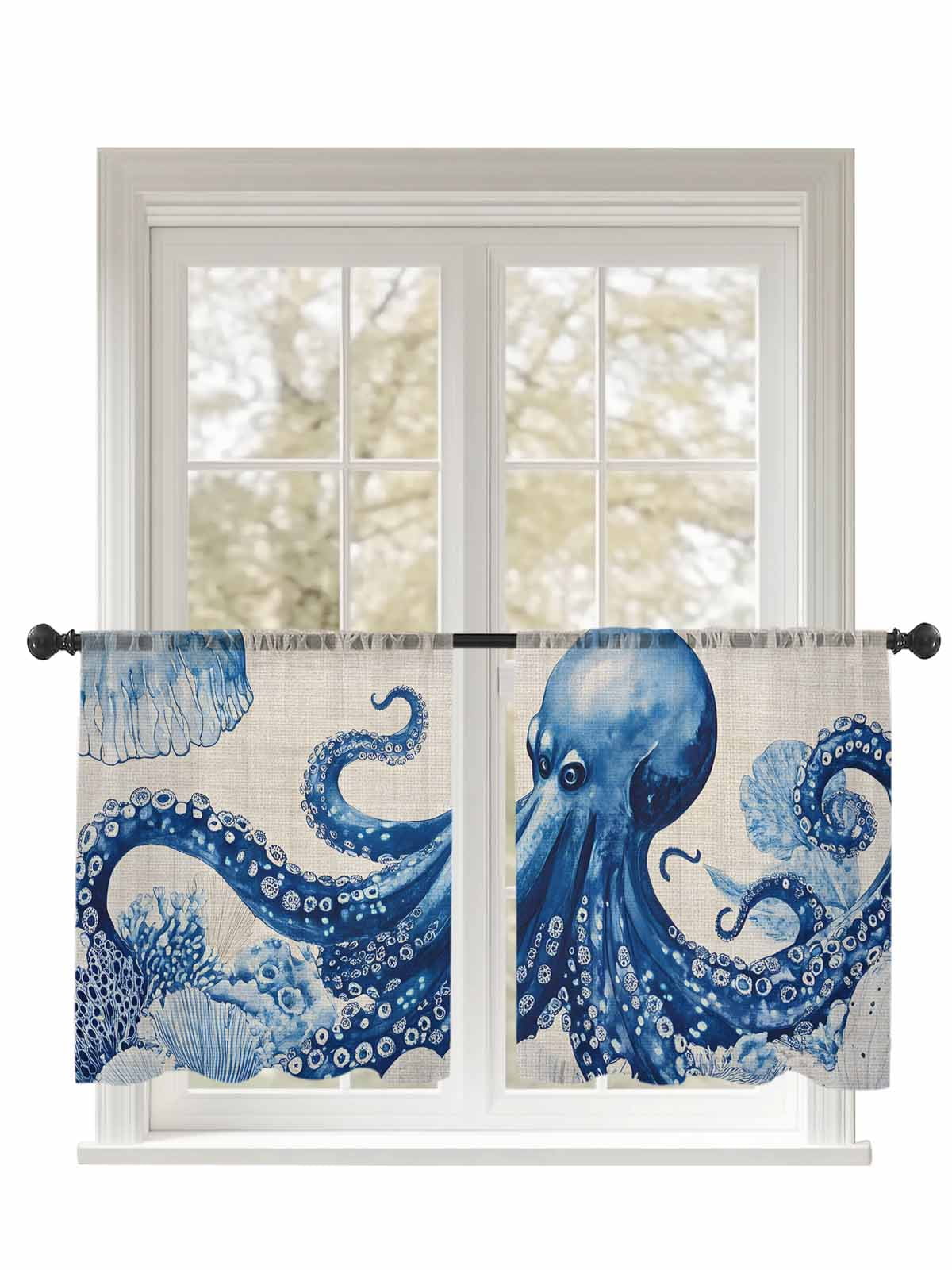 Marine Animal Sheer Curtains 2 Panels Set Octopus Coral Shell Linen ...