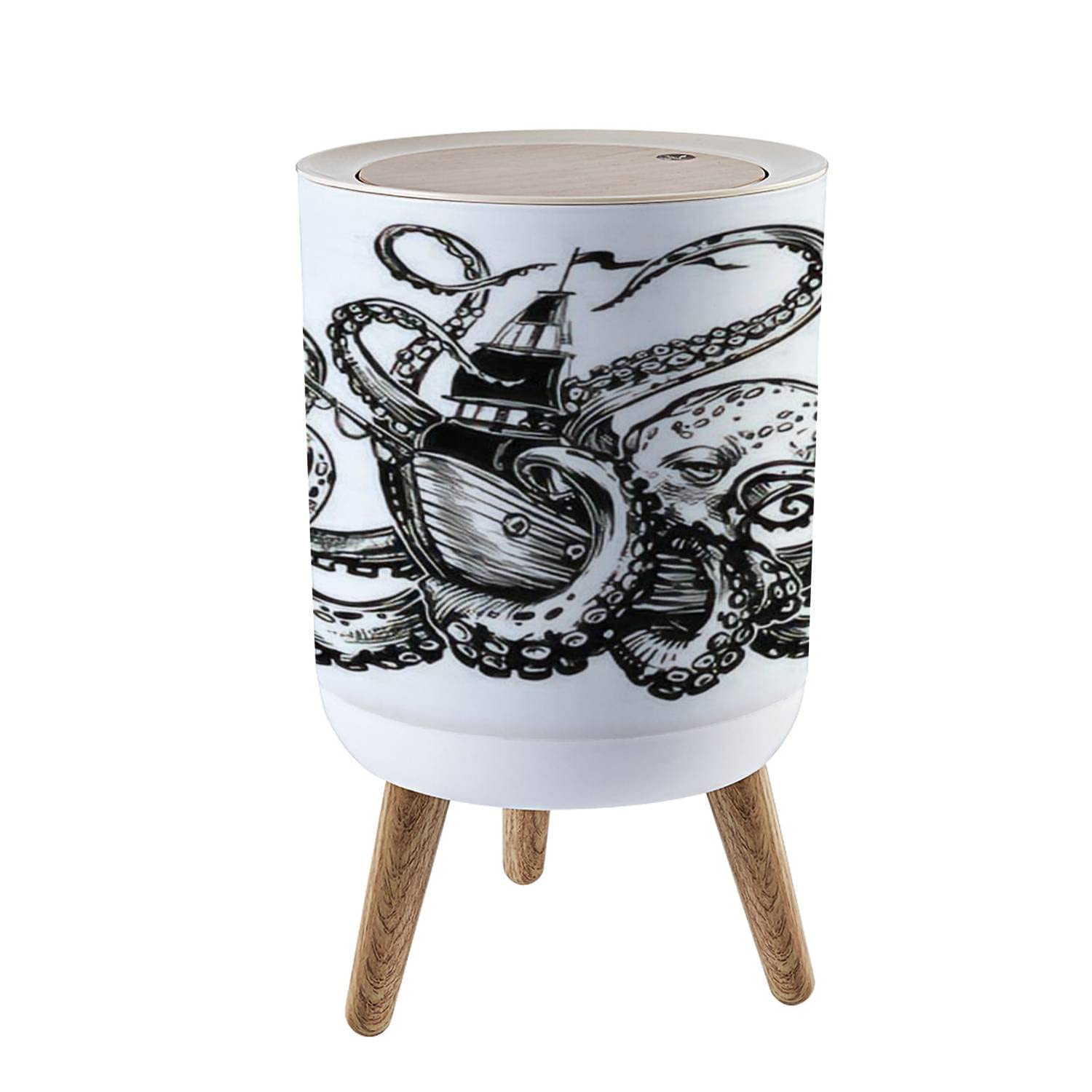 Marine Animal Theme Small Trash Can with Lid Octopus Tentacles Vintage ...
