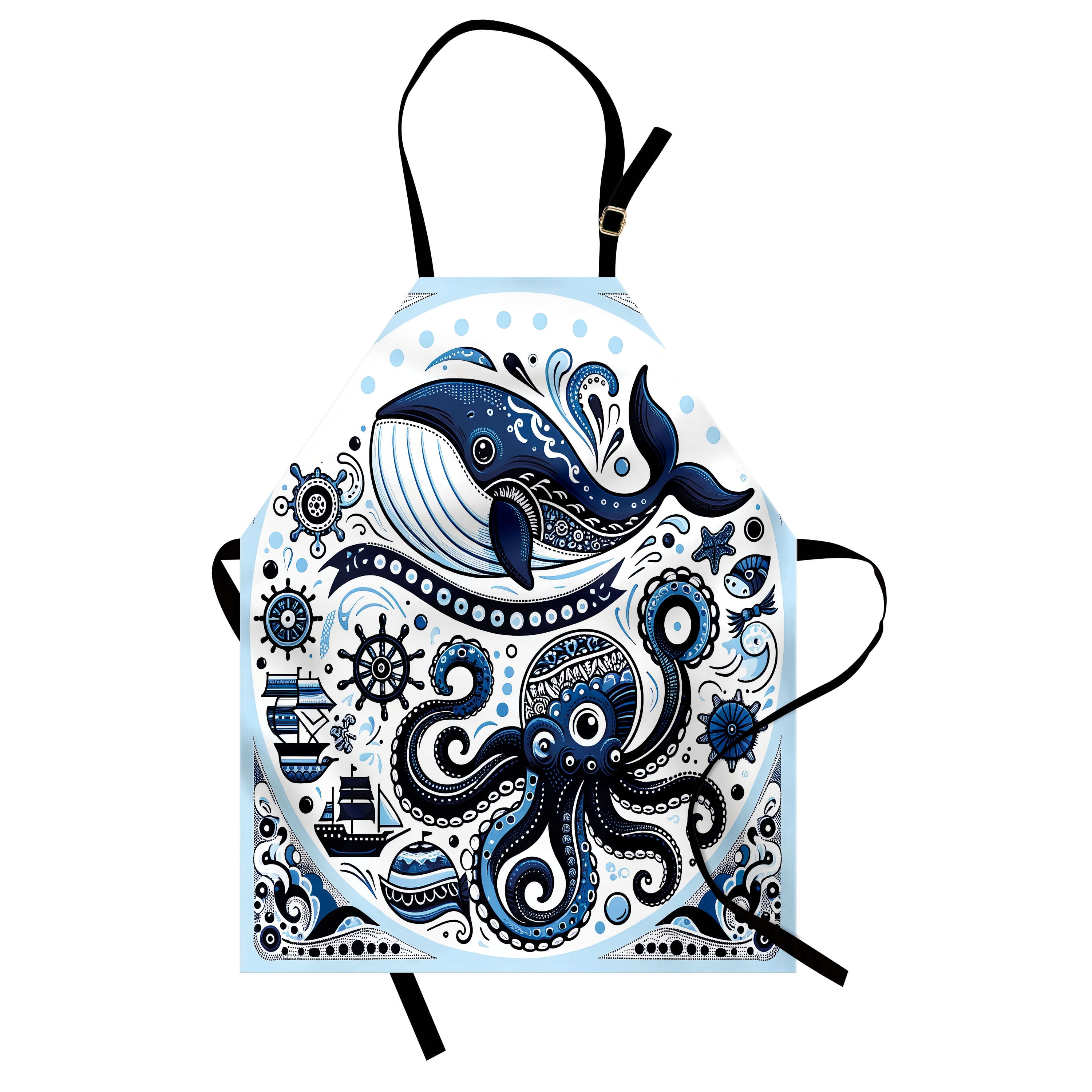 Marine Apron, Ships Whale and Octopus with Swirling Ornaments Nautical ...