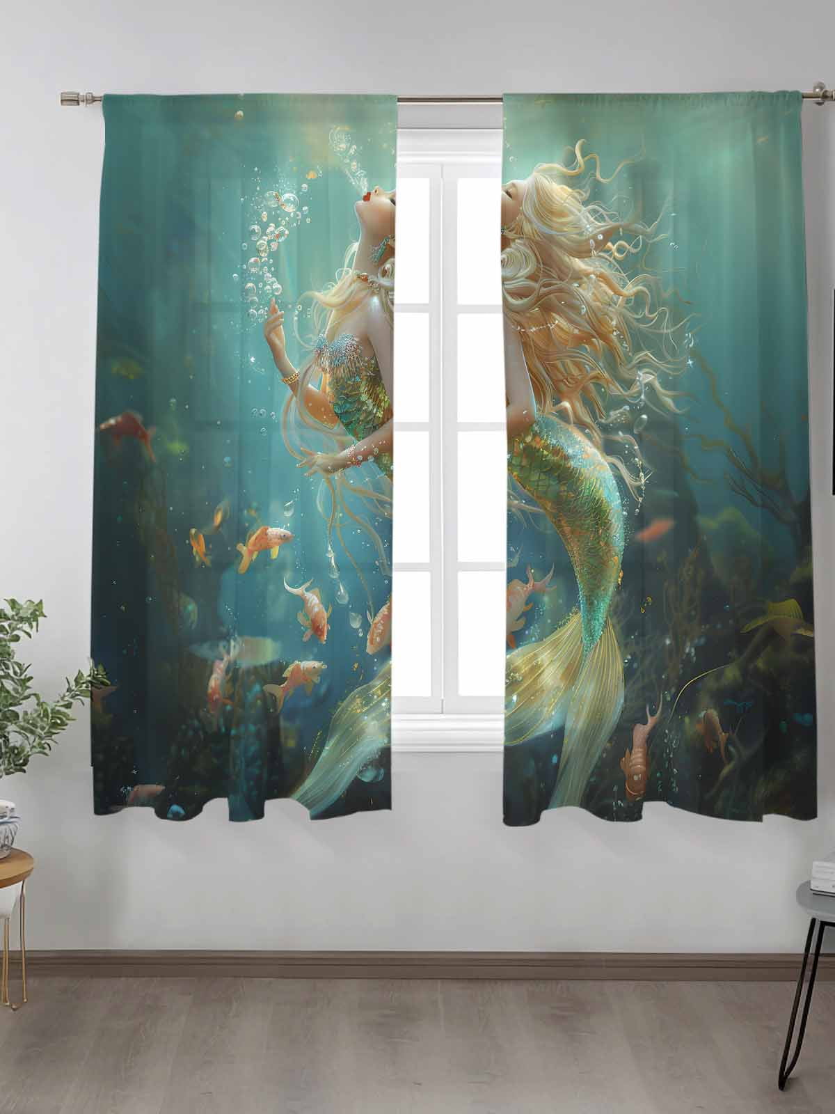 Marine Beautiful Mermaid Fish Chiffon Sheer Curtains 72 Inches Long ...