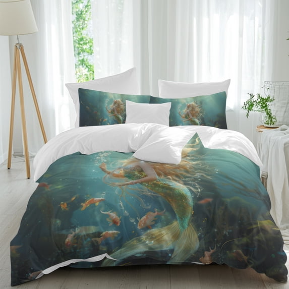 Marine Beautiful Mermaid Fish Full Size Bed Set,Undersea Ocean Life ...