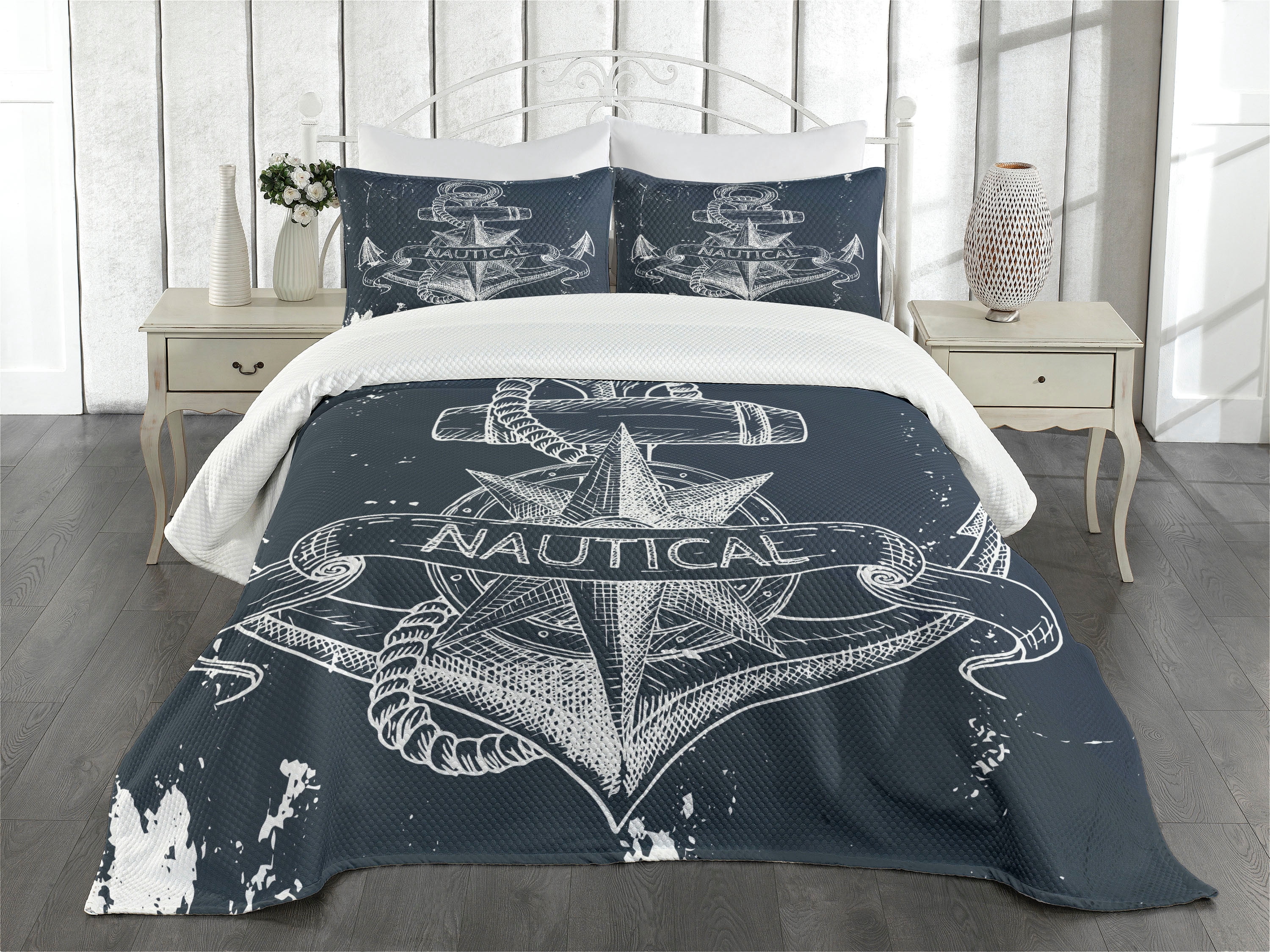 Marine Bedspread, Nautical Knot Compass Anchor Pattern Sea World Ocean ...